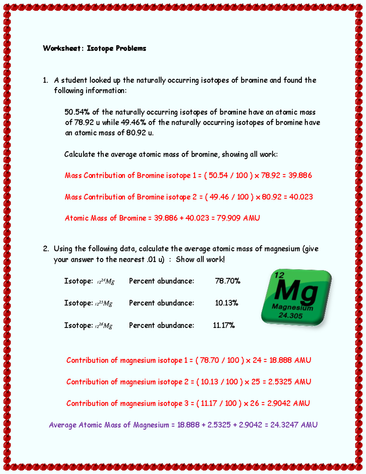 Isotopes - This is practice for isotope calculations - Worksheet ...