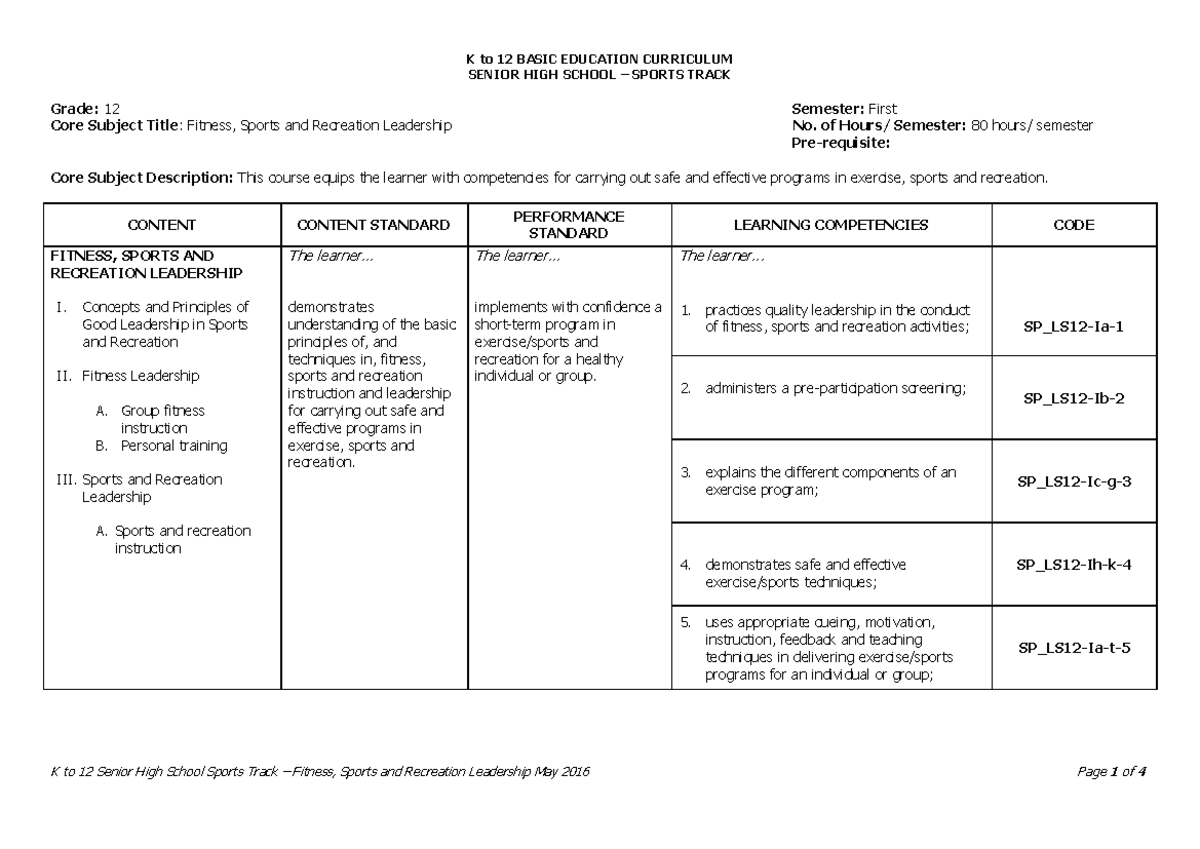Fitness, Sports, and Recreation Leadership CG: Senior High School ...