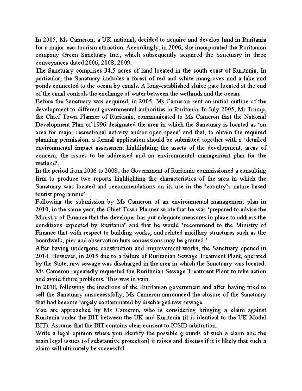 Legal Opinion on Ms. Cameron's Claim Against Ruritania under BIT (Week ...
