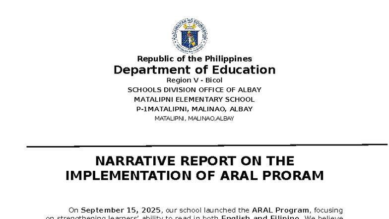 Narrative Report on ARAL Program Implementation - Matalipni ES - Studocu