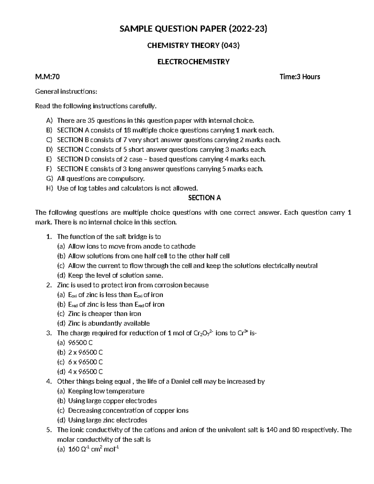 Electrochemistry Question Paper (043) - Theory Exam M.M:70 - Studocu