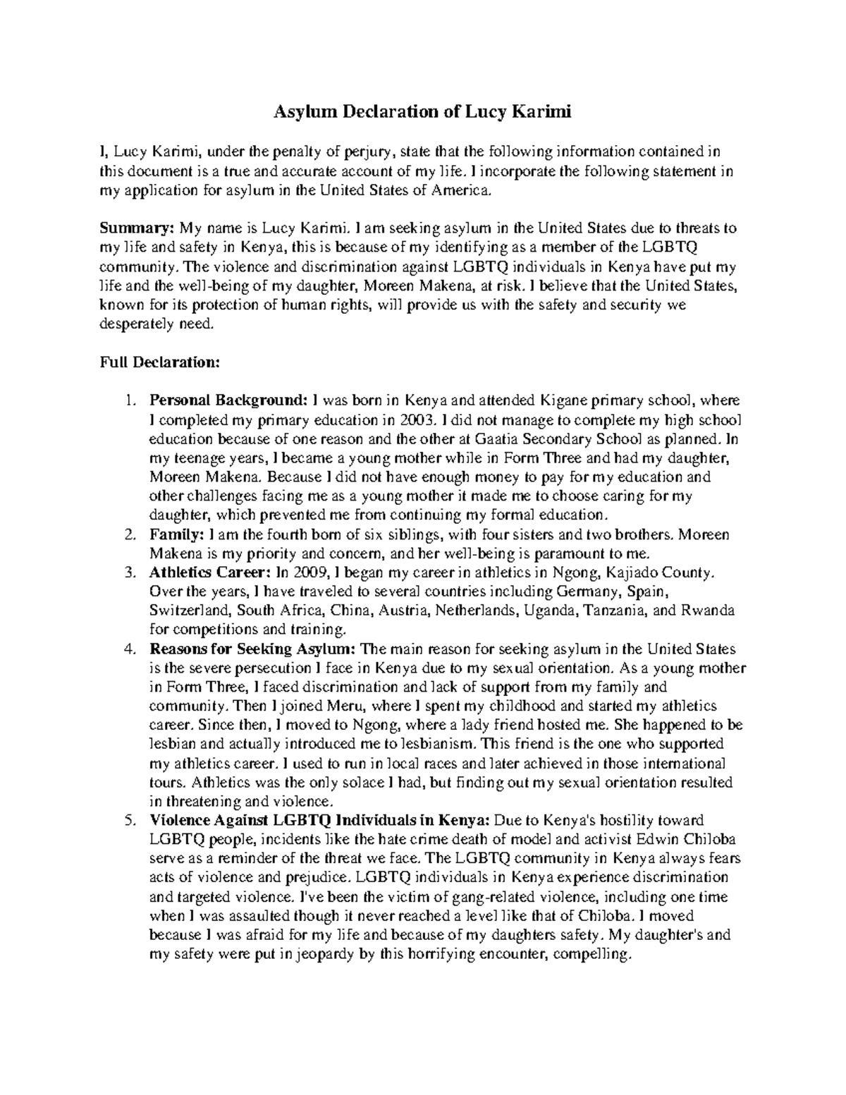 Asylum Declaration of Lucy Karimi Another - Asylum Declaration of Lucy ...