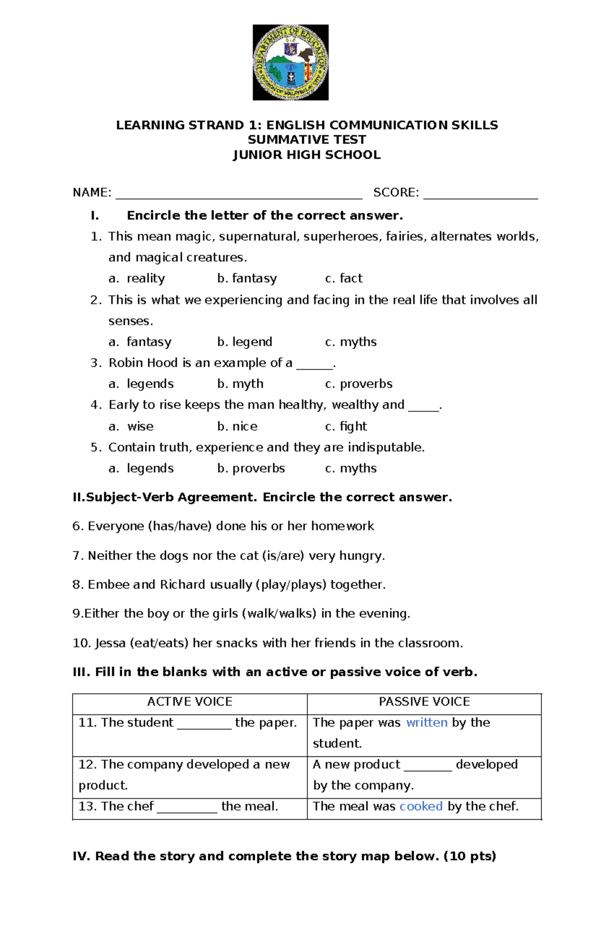 Summative Test: LS1 English Communication Skills for JHS 1 - Studocu