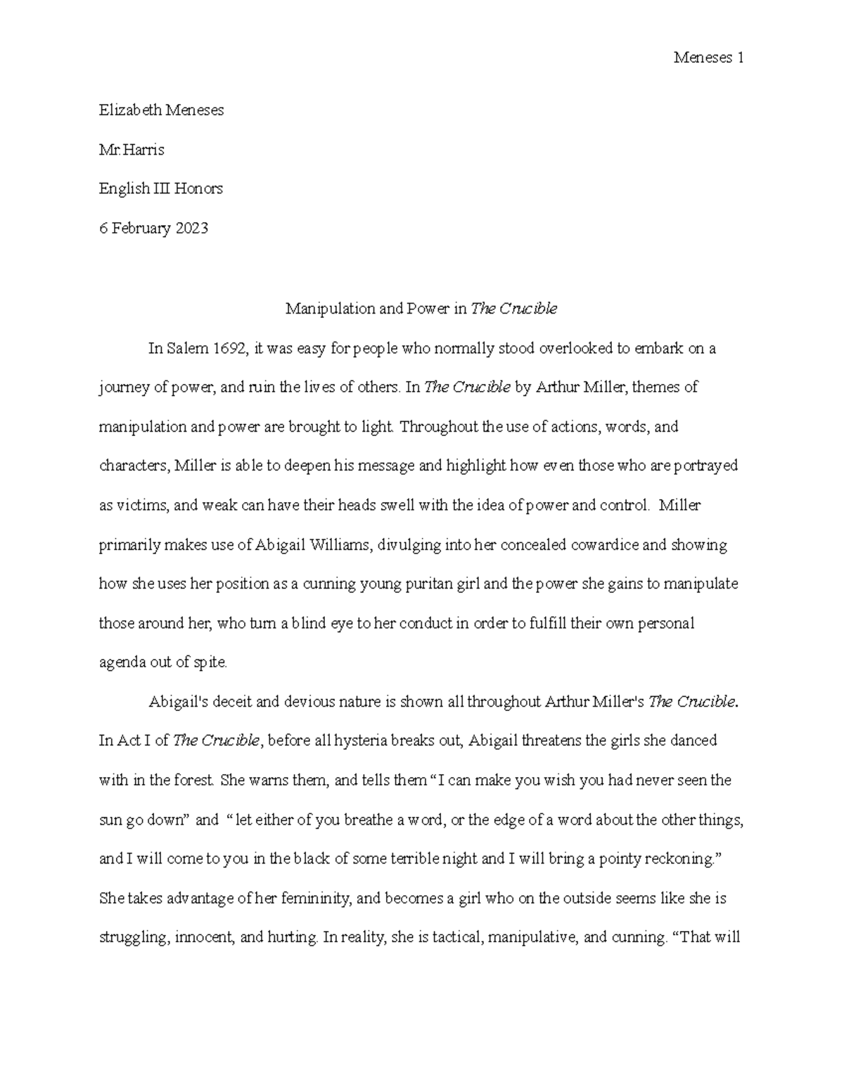 ENG III H: Final Analytical Essay on Power & Manipulation in The ...
