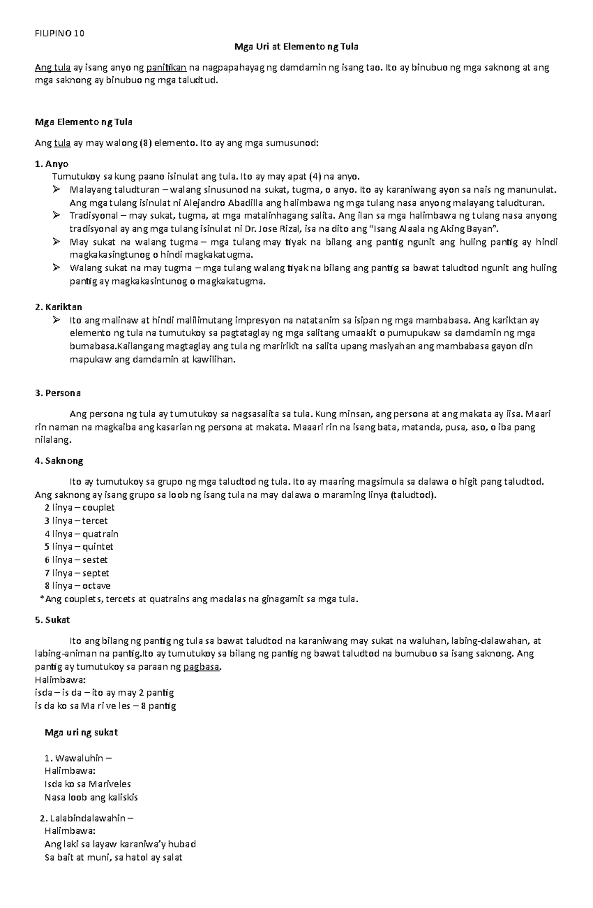 Mga Uri at Elemento ng Tula - FILIPINO 10 Mga Uri at Elemento ng Tula ...