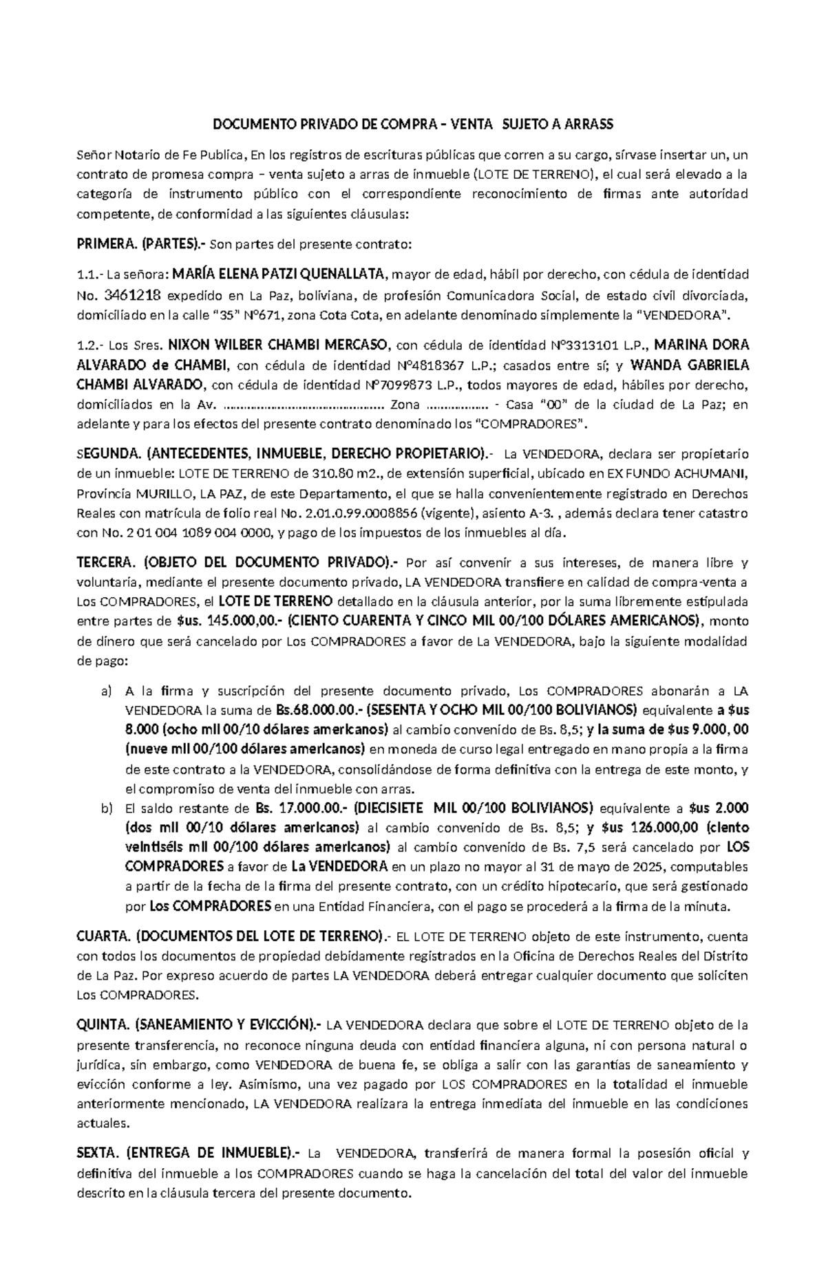 Documento Privado de Compra Venta con Arras - Lote de Terreno - Studocu