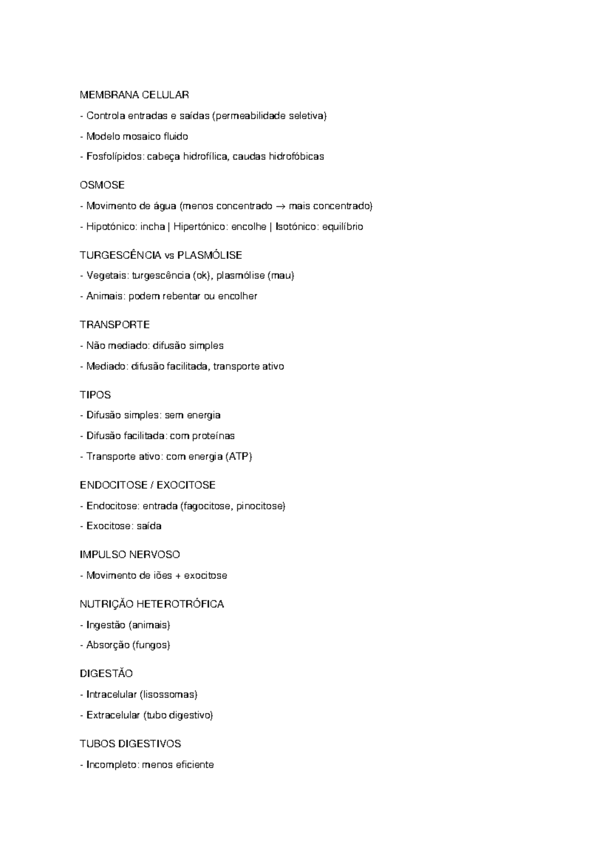 Resumo de Biologia - Membrana Celular e Transporte (SDA) - Studocu