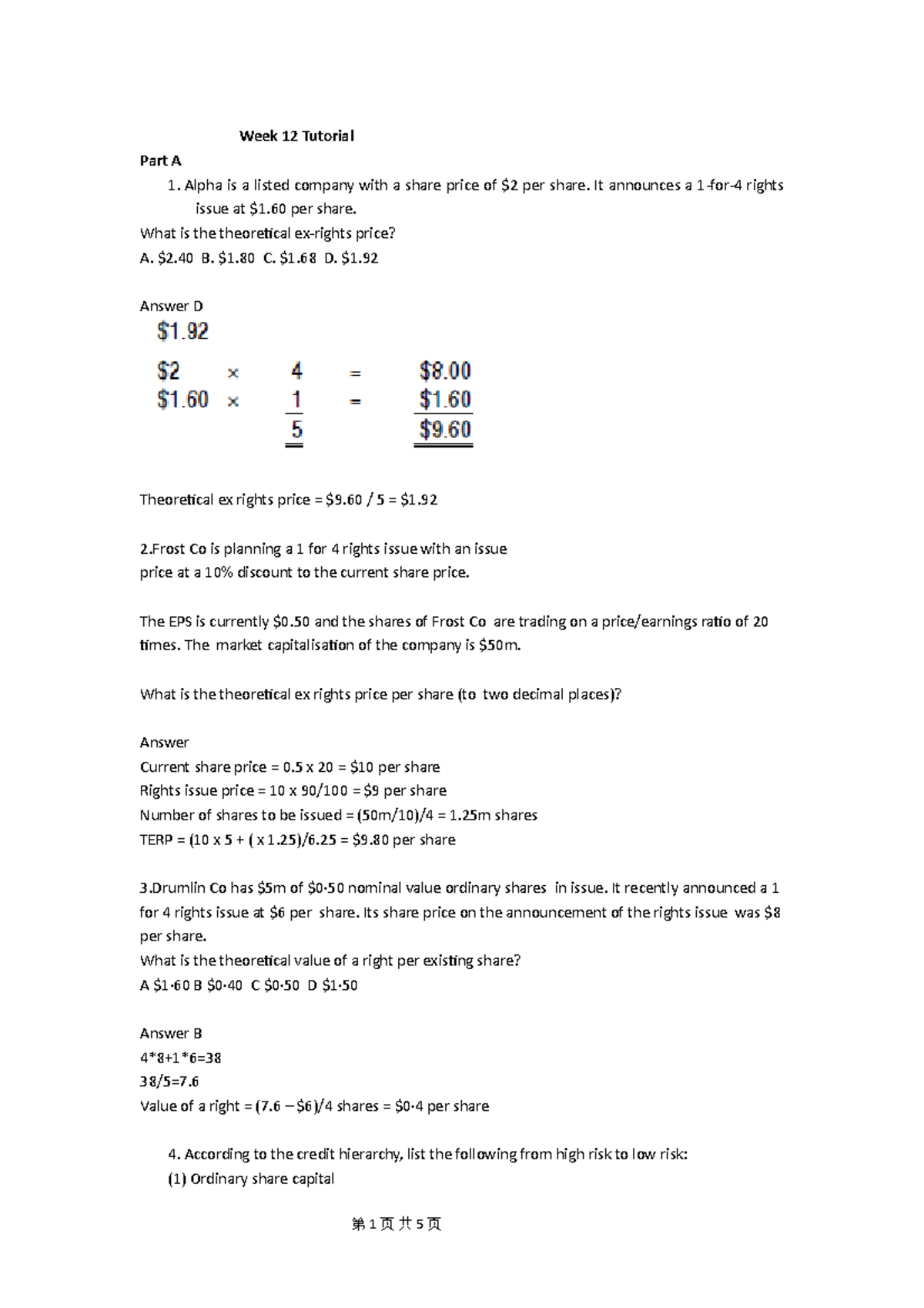 Week 12 Tutorial with answers - Week 12 Tutorial Part A Alpha is a listed company with a share ...