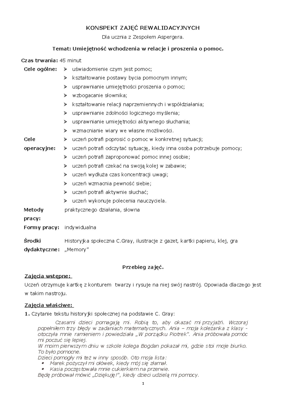 Konspekt ZAJĘĆ Rewalidacyjnych: Utrwalenie orientacji przestrzennej - Studocu