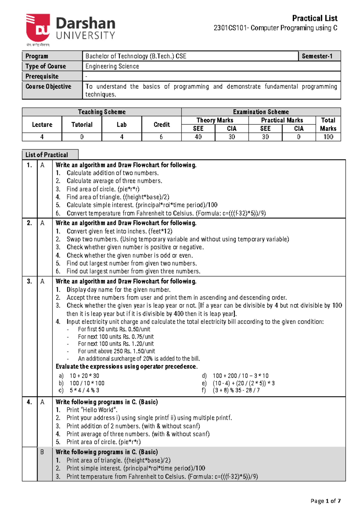 CPC Lab Manual - Practice material for C Language - 23 01CS101- Computer Programing using C ...