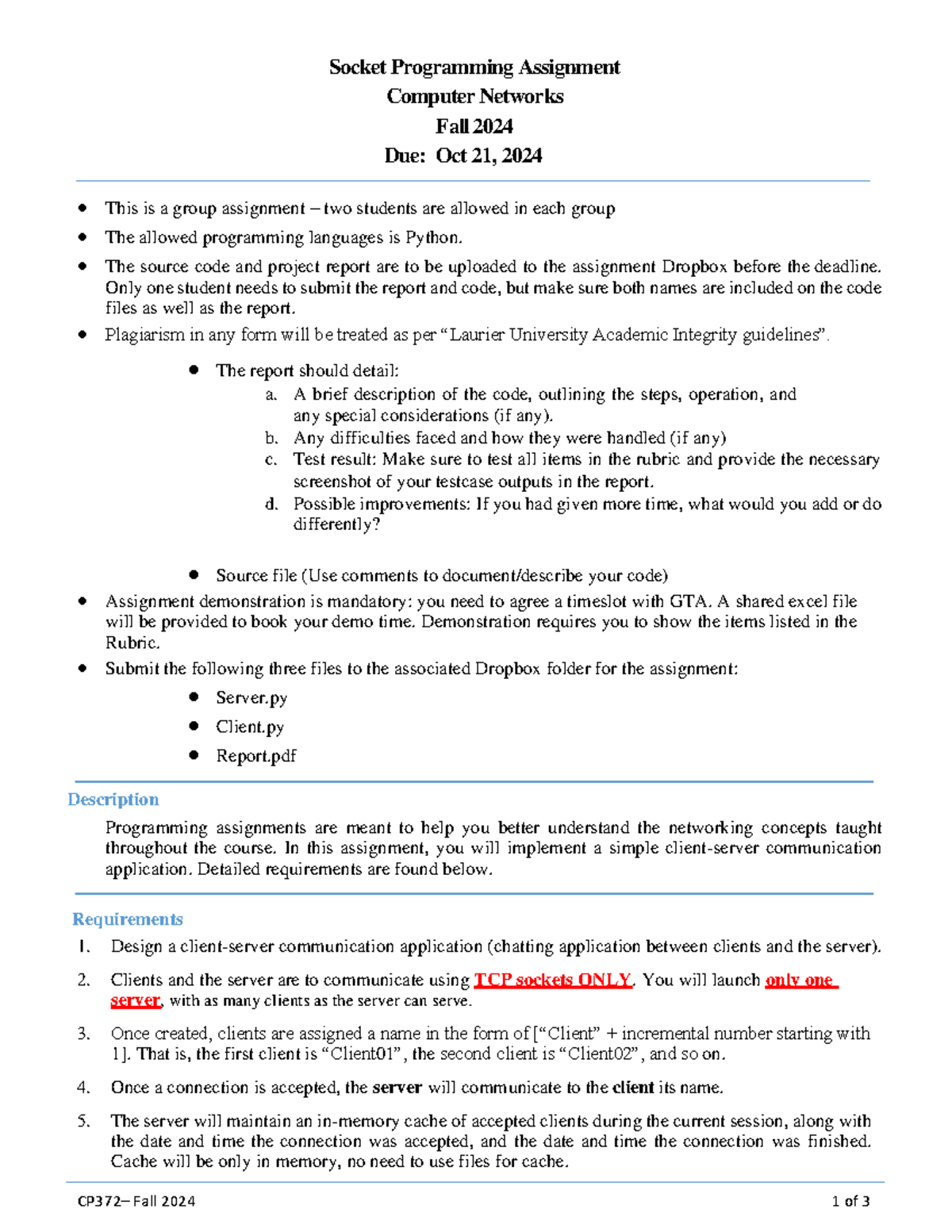 CP372 - Socket Programming Assignment 1 - Fall 2024 Guidelines - Studocu