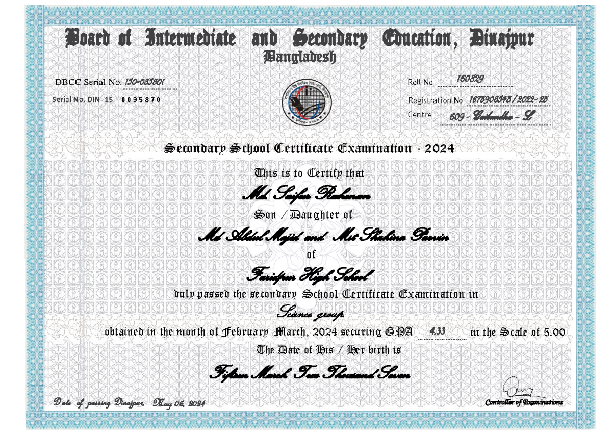 Dinajpur SSC Certificate 2024 - Md. Saifur Rahman - Studocu