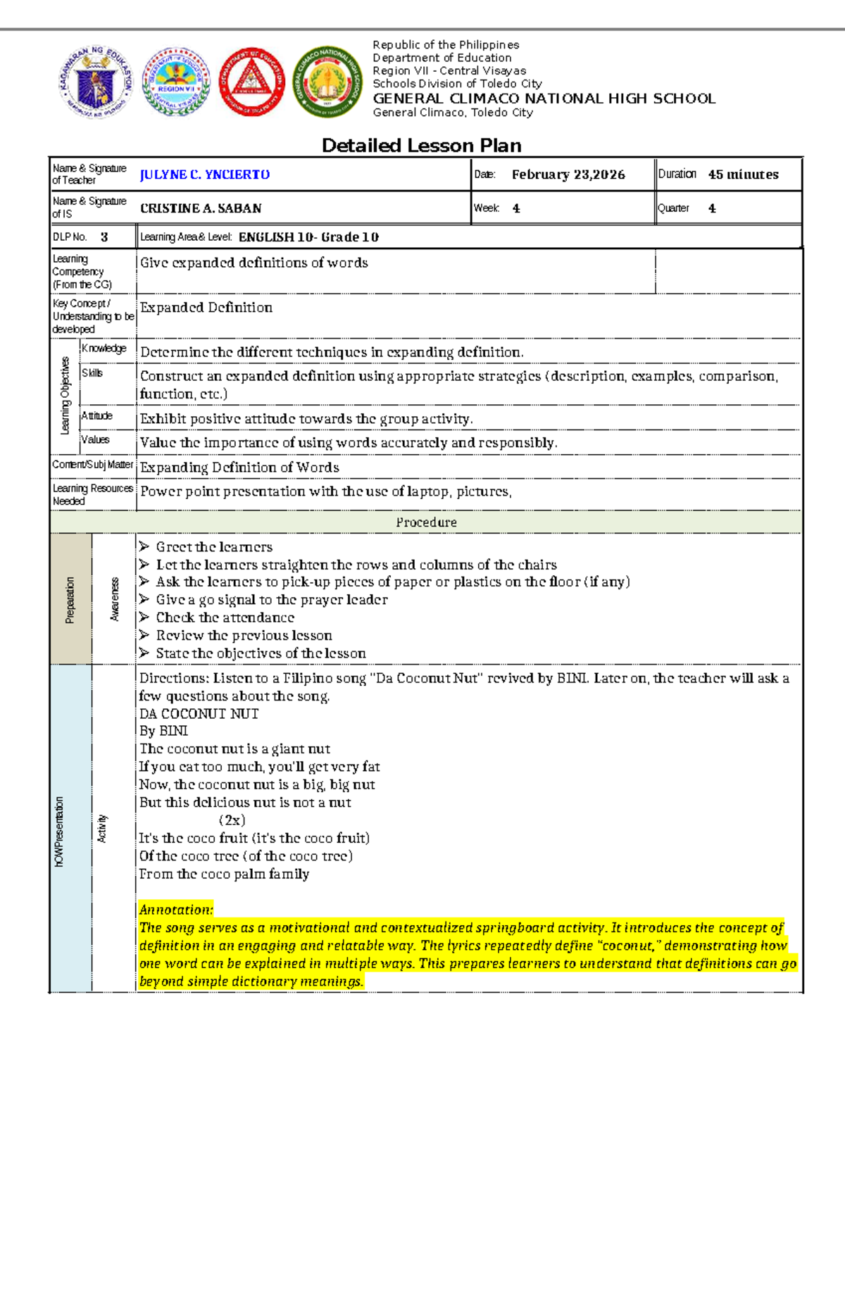 Grade 10 English DLP: Expanding Definitions - Week 4, Quarter 3 - Studocu
