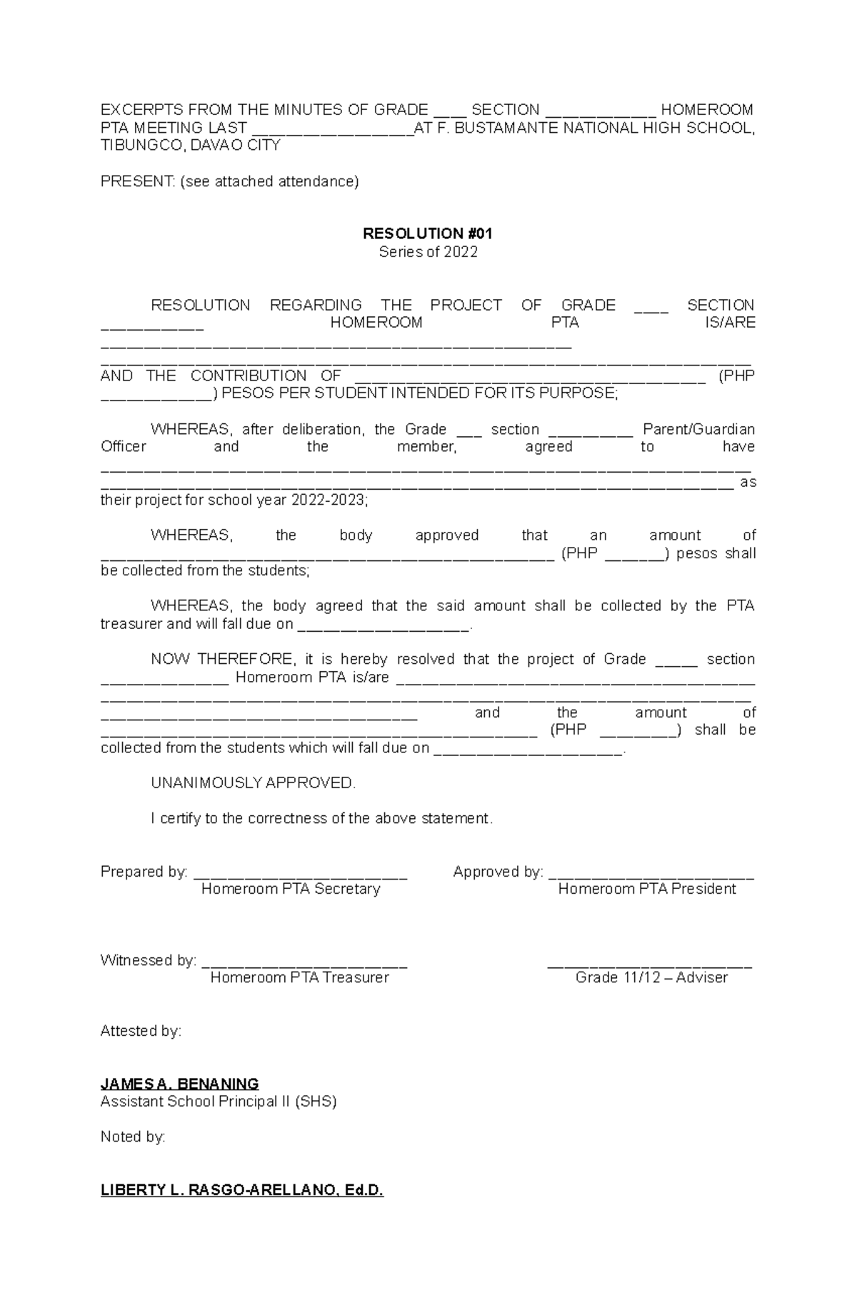 Grade __ Section ___________ Homeroom PTA Resolution for 2022-2023 ...