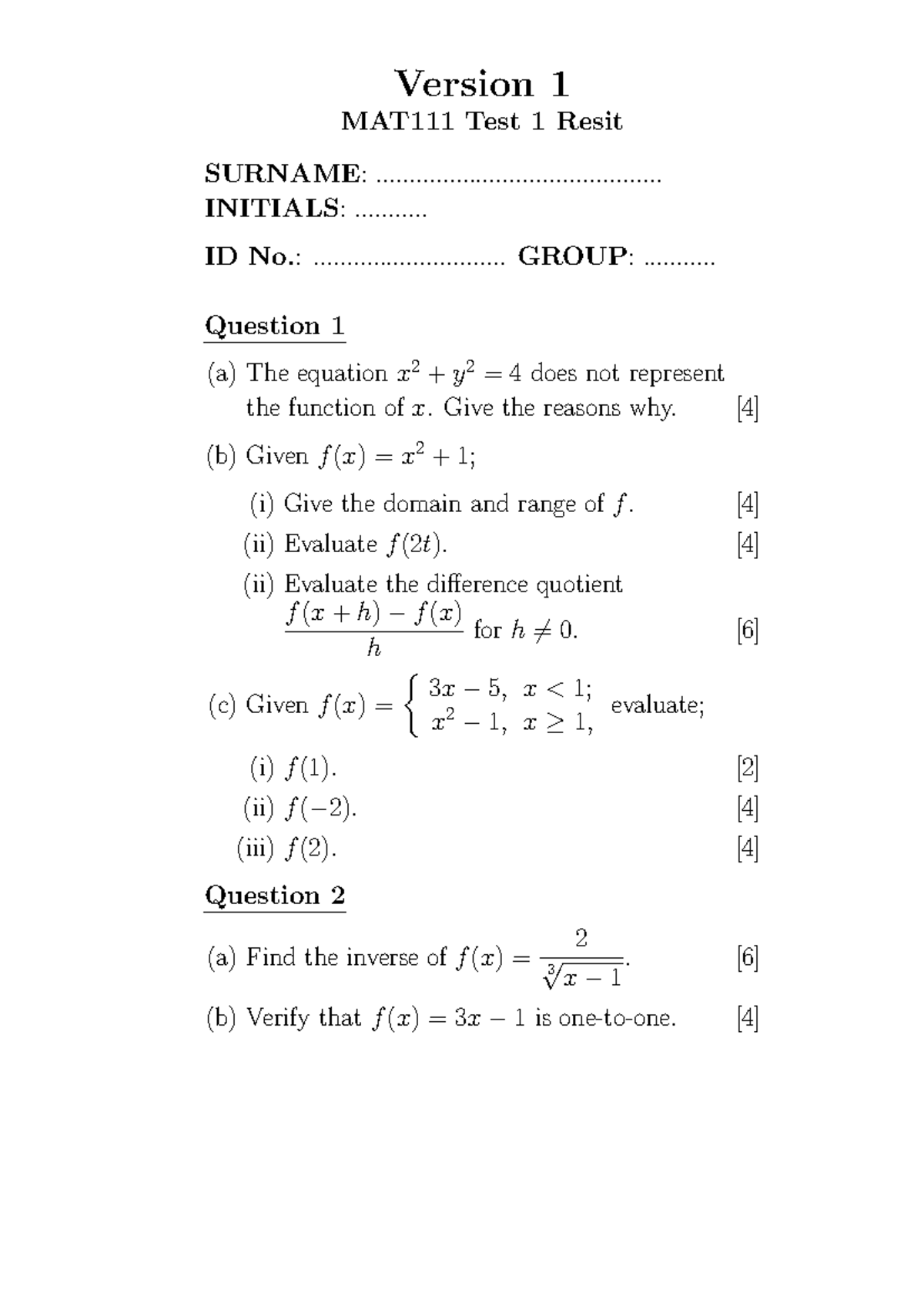 MAT111-2024-25 Test 1 Resit: Functions and Inverses Analysis - Studocu