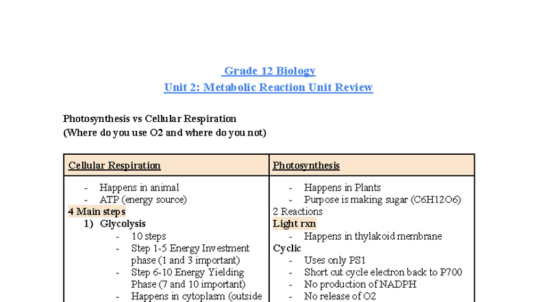 Grade 12 Biology Unit 2: Metabolic Reactions Review - Photosynthesis ...