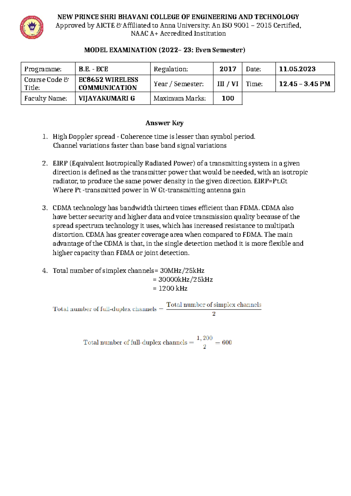 WC model QP Ans Key - answer key - NEW PRINCE SHRI BHAVANI COLLEGE OF ...
