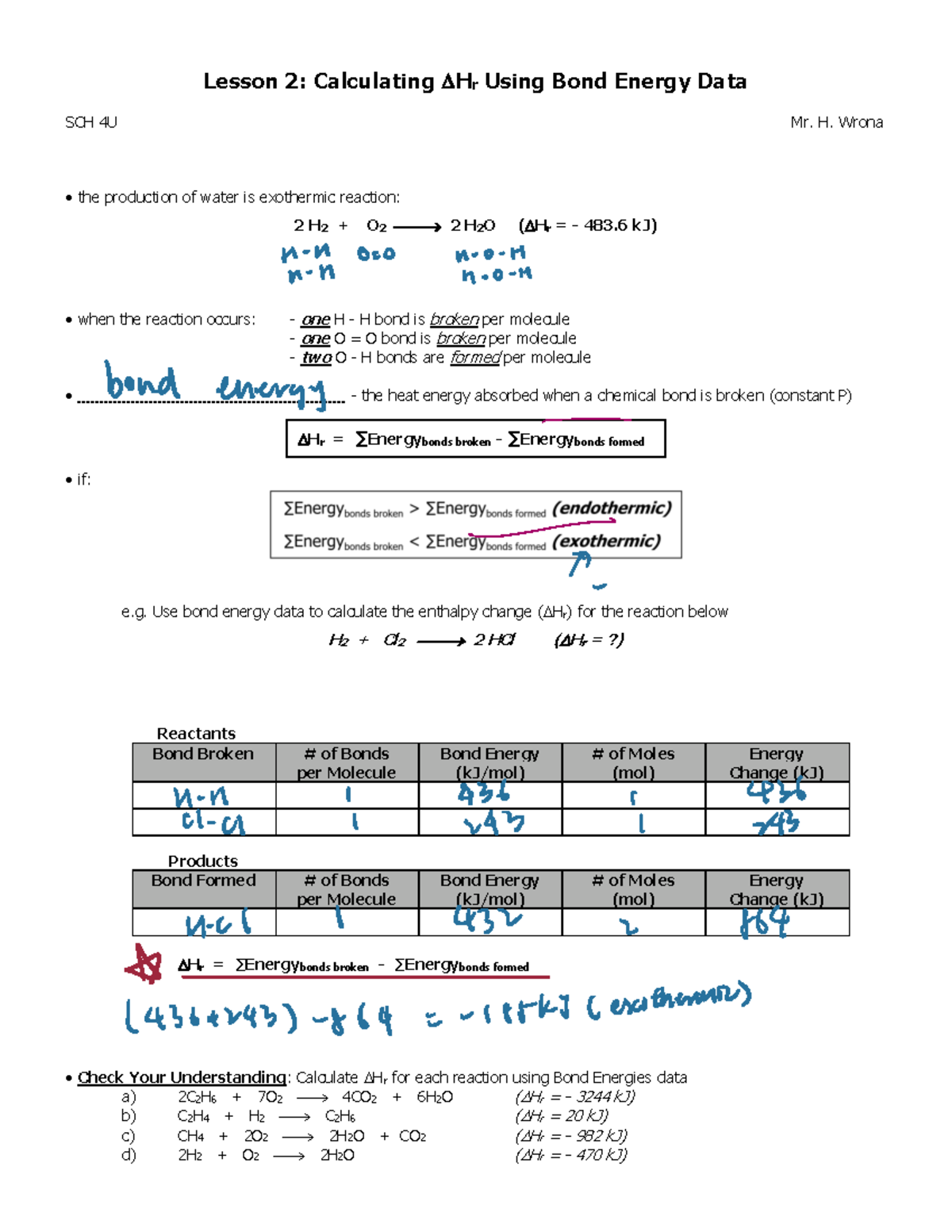 Lesson 02: Calculating Enthalpy Change Using Bond Energy Data SCH 4U ...