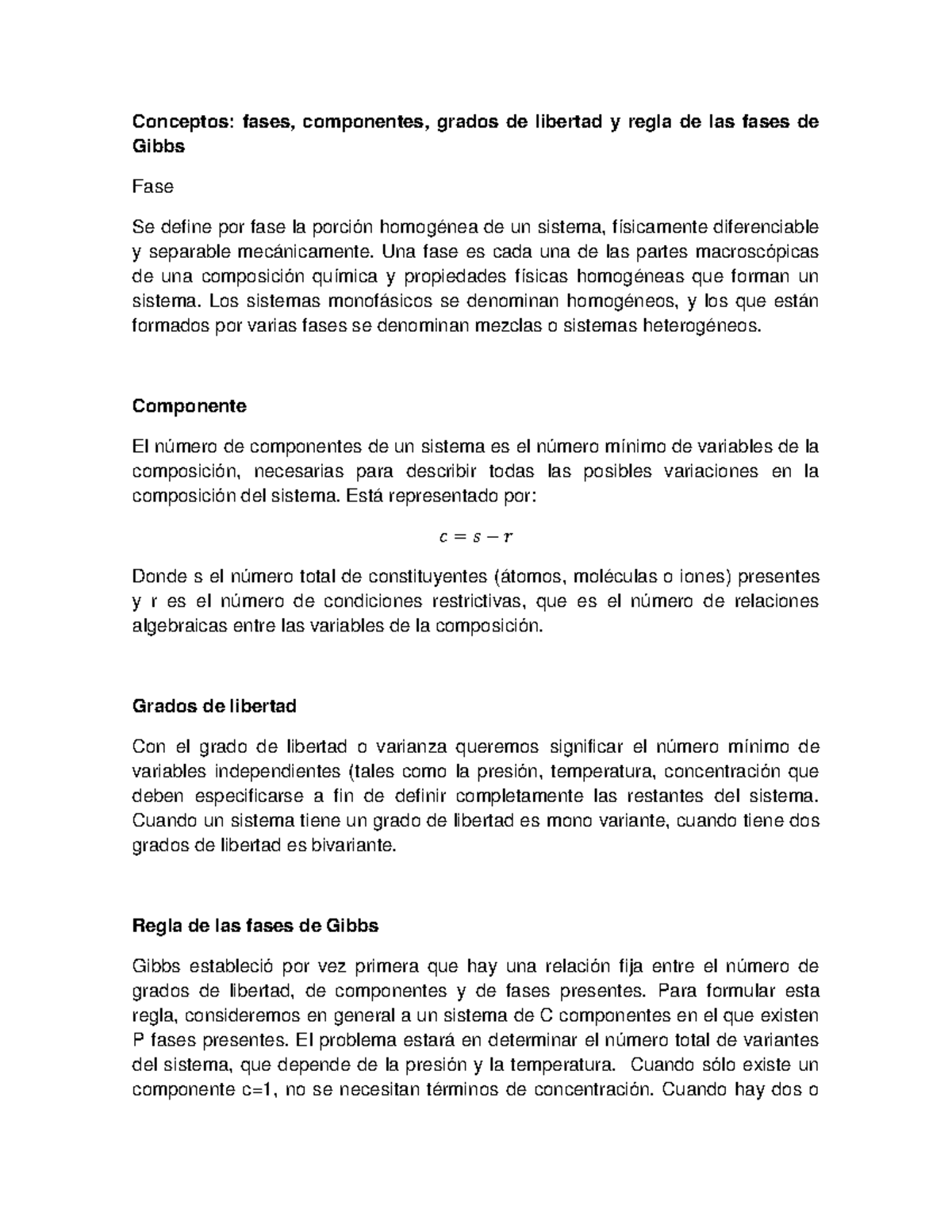 Conceptos, fases, componentes, grados de libertad, regla de las fases ...