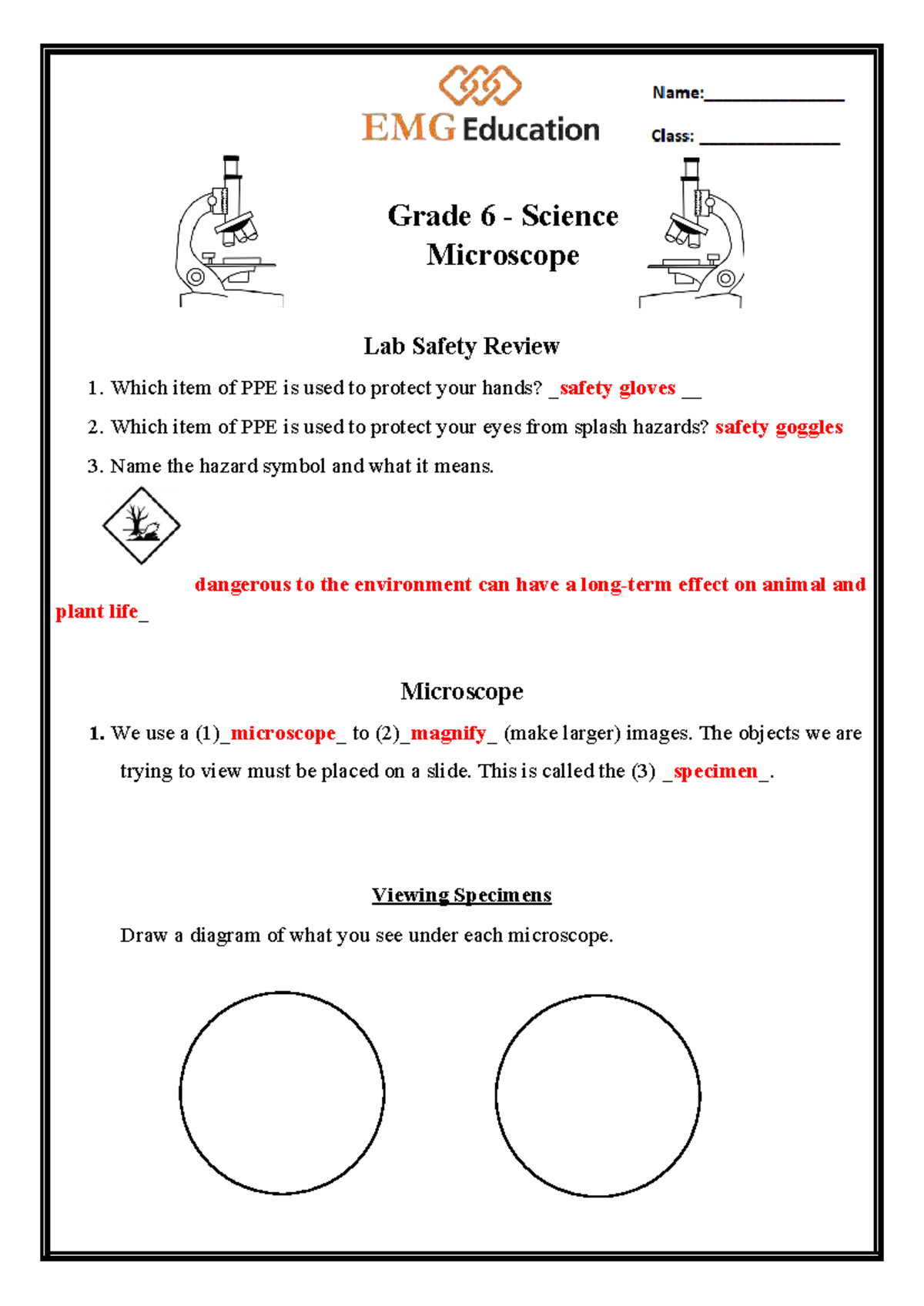 Grade 6 Science Microscope Lab Safety Review & Answers - Studocu