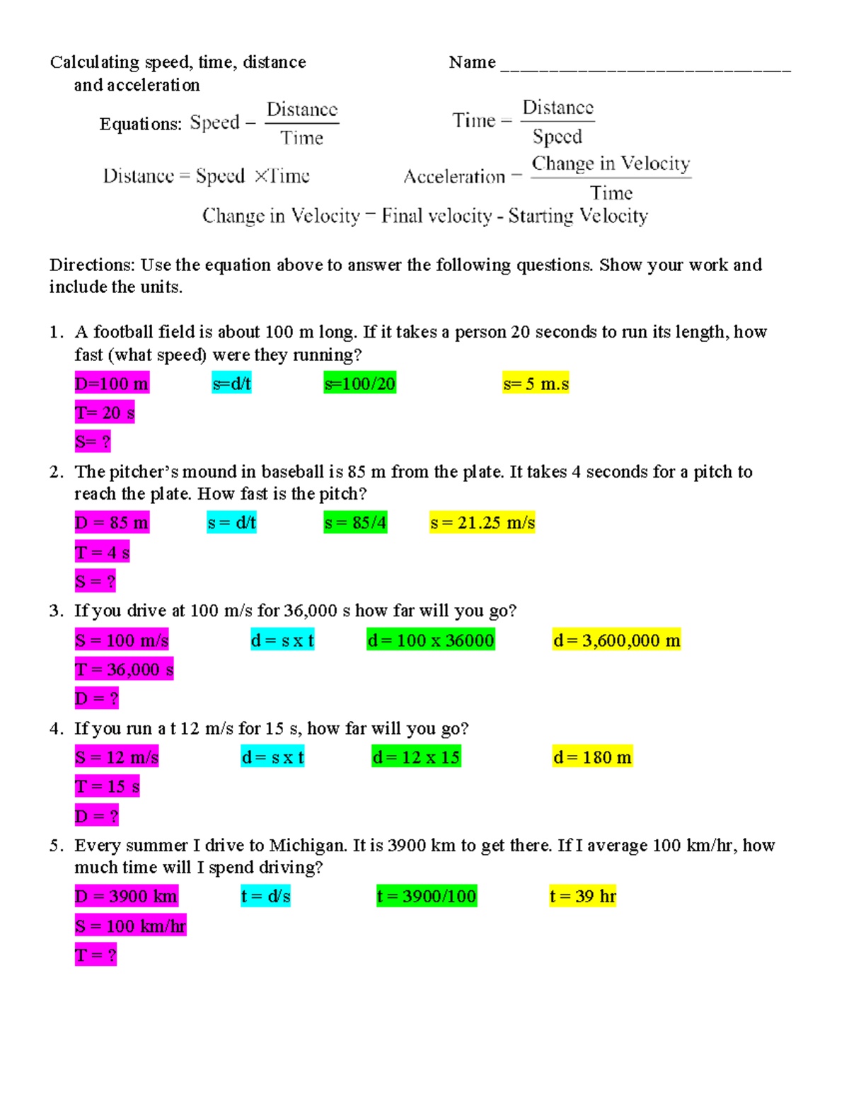 Speed Review - KEY - Calculating Speed, Time, Distance & Acceleration ...