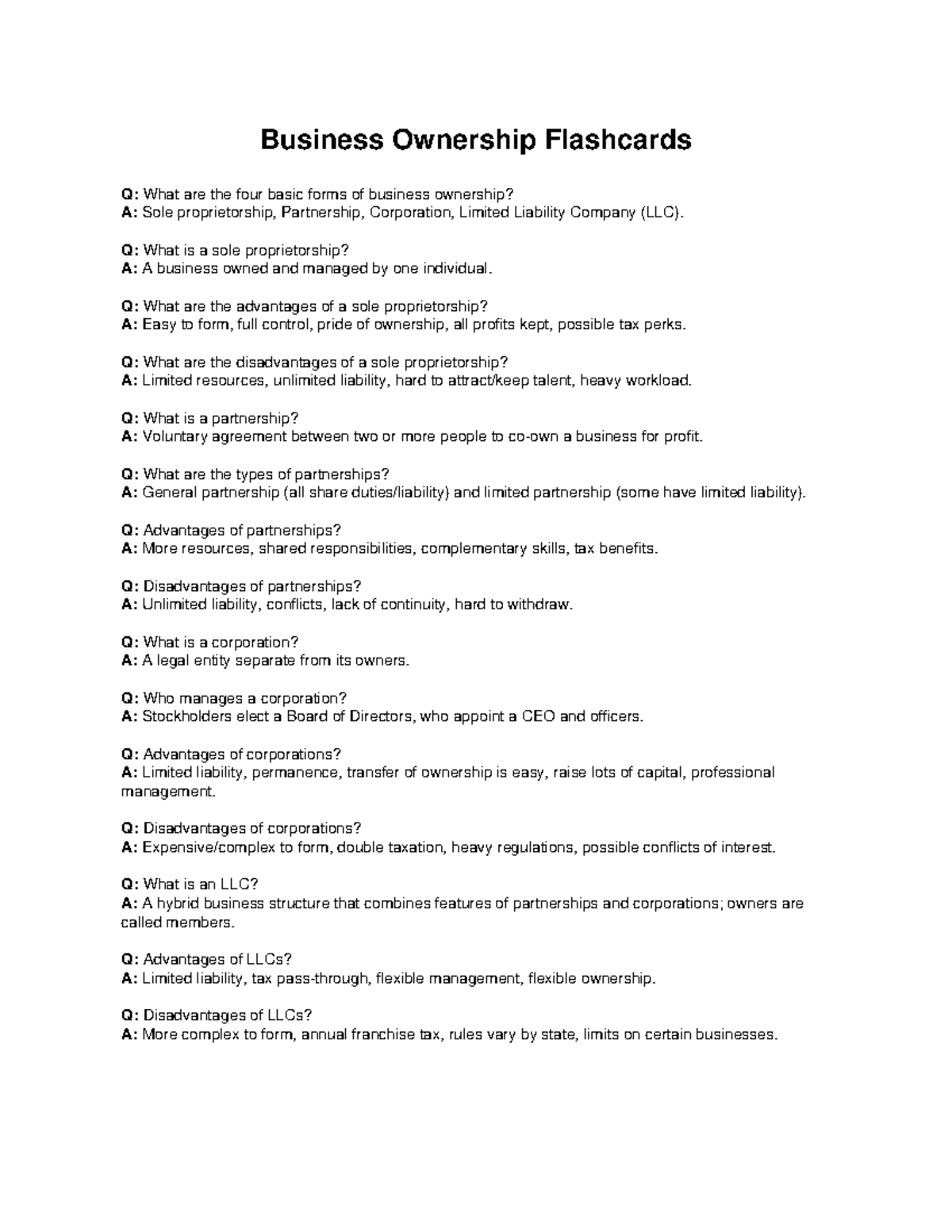 Business Ownership Types & Key Characteristics Flashcards - Studocu