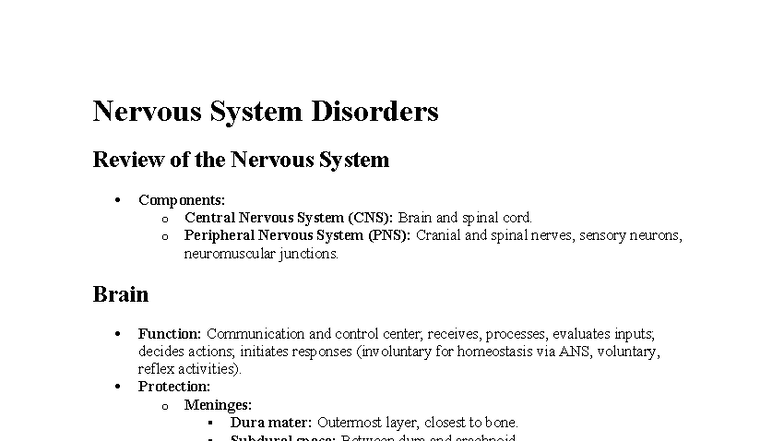 Exam 3 Study Guide: Nervous System Disorders and Cardiovascular System ...