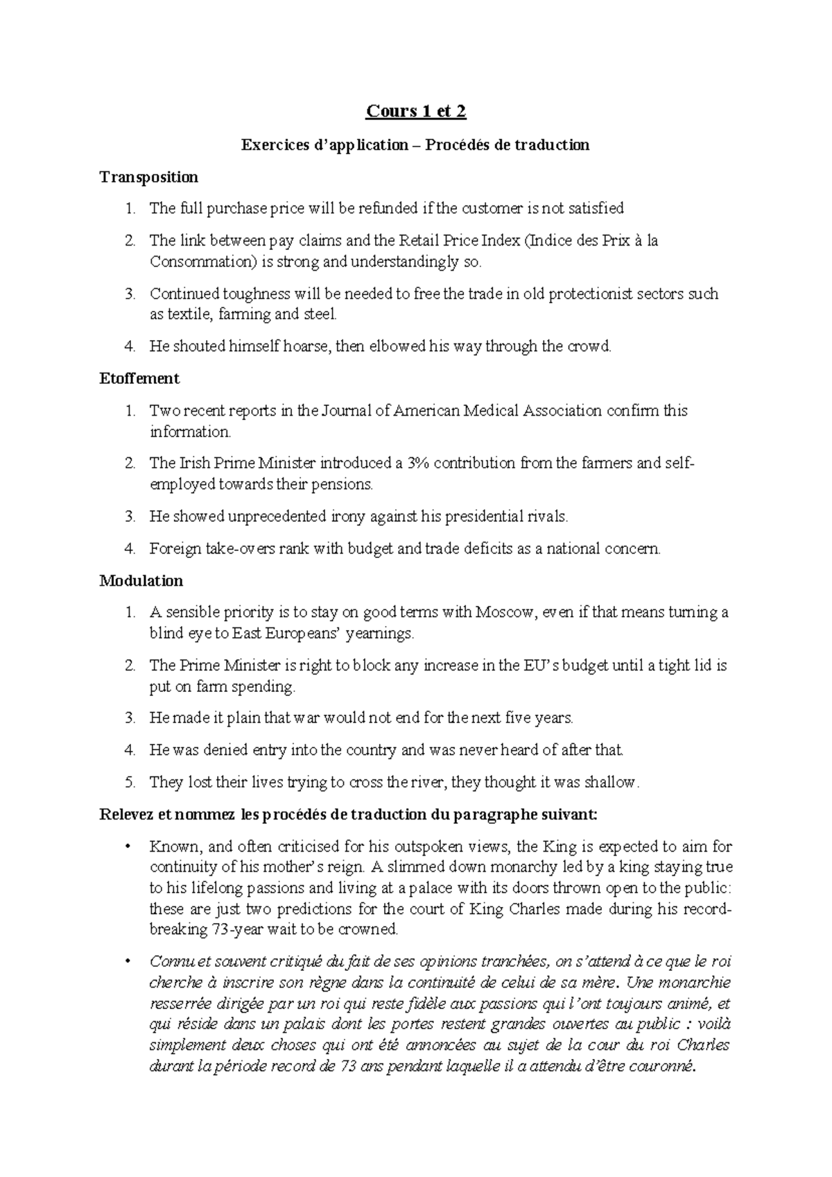 Cours 1 et 2 : Exercices d'application sur les procédés de traduction ...
