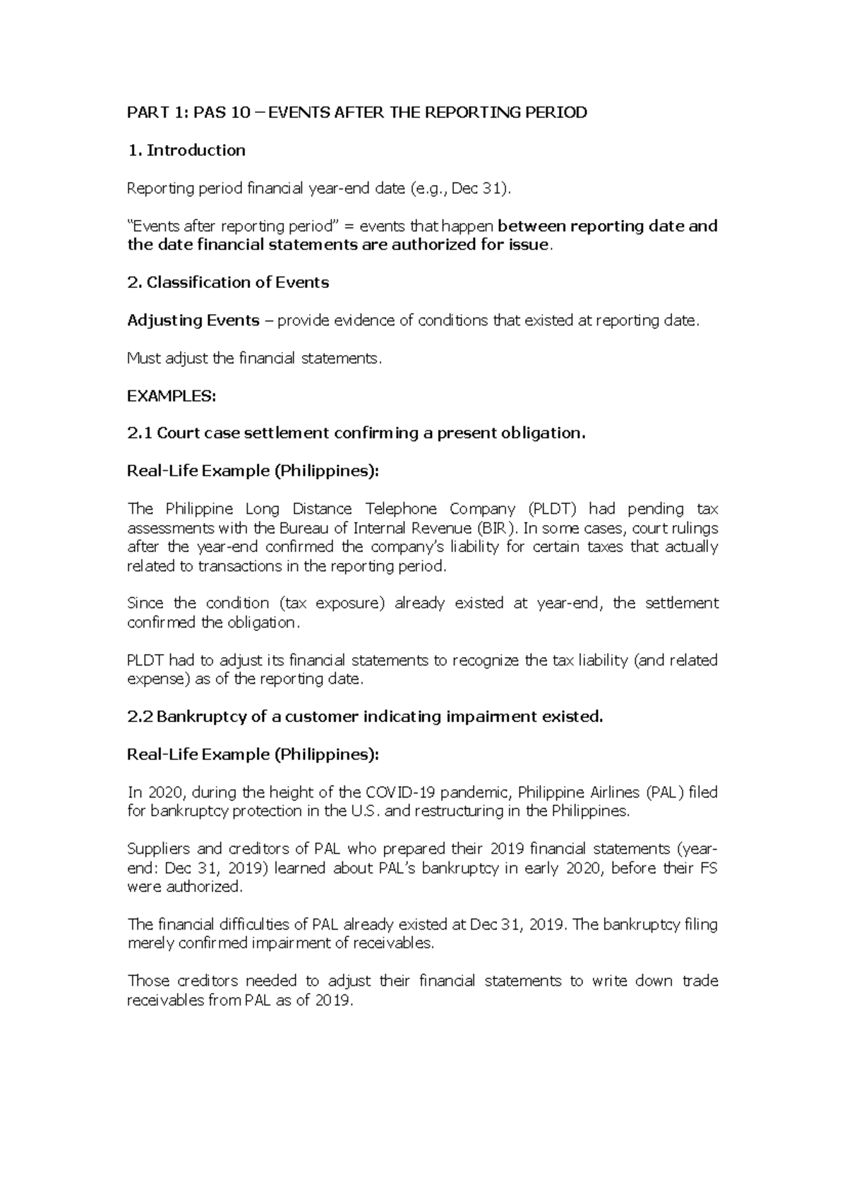 PRE Final Handout: Events After Reporting Period (PAS 10) & Income Tax ...
