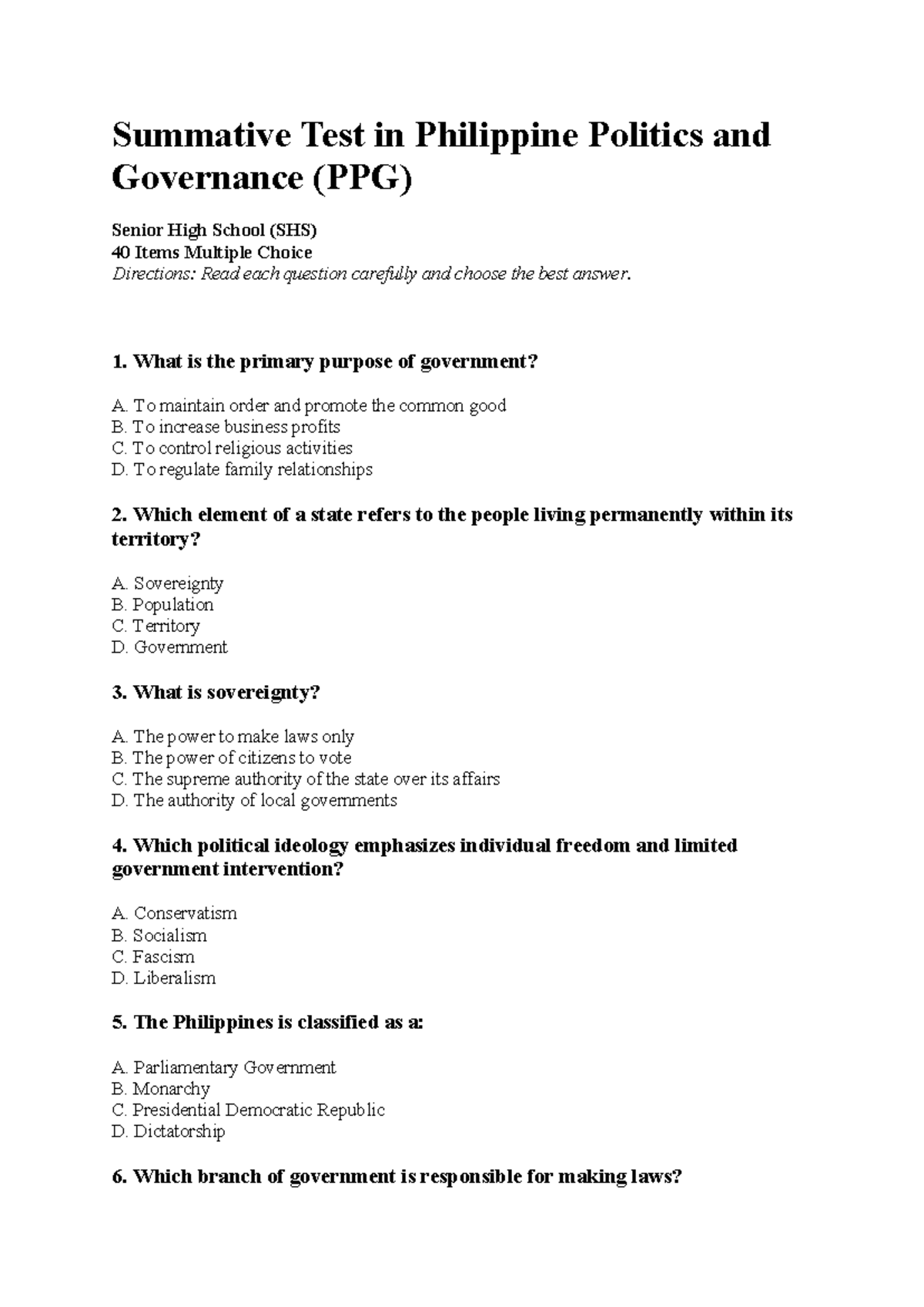 Summative Test: Philippine Politics and Governance (PPG) - 40 MCQs ...