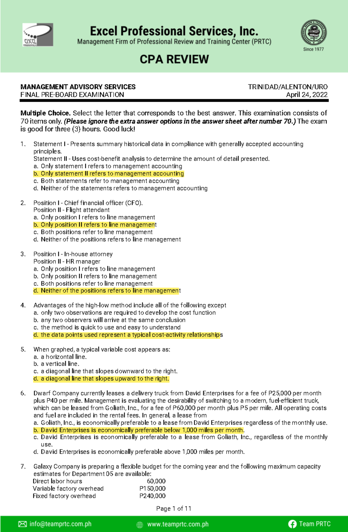 PRTC MAS Final PB - Management Advisory Services Exam Questions - Studocu