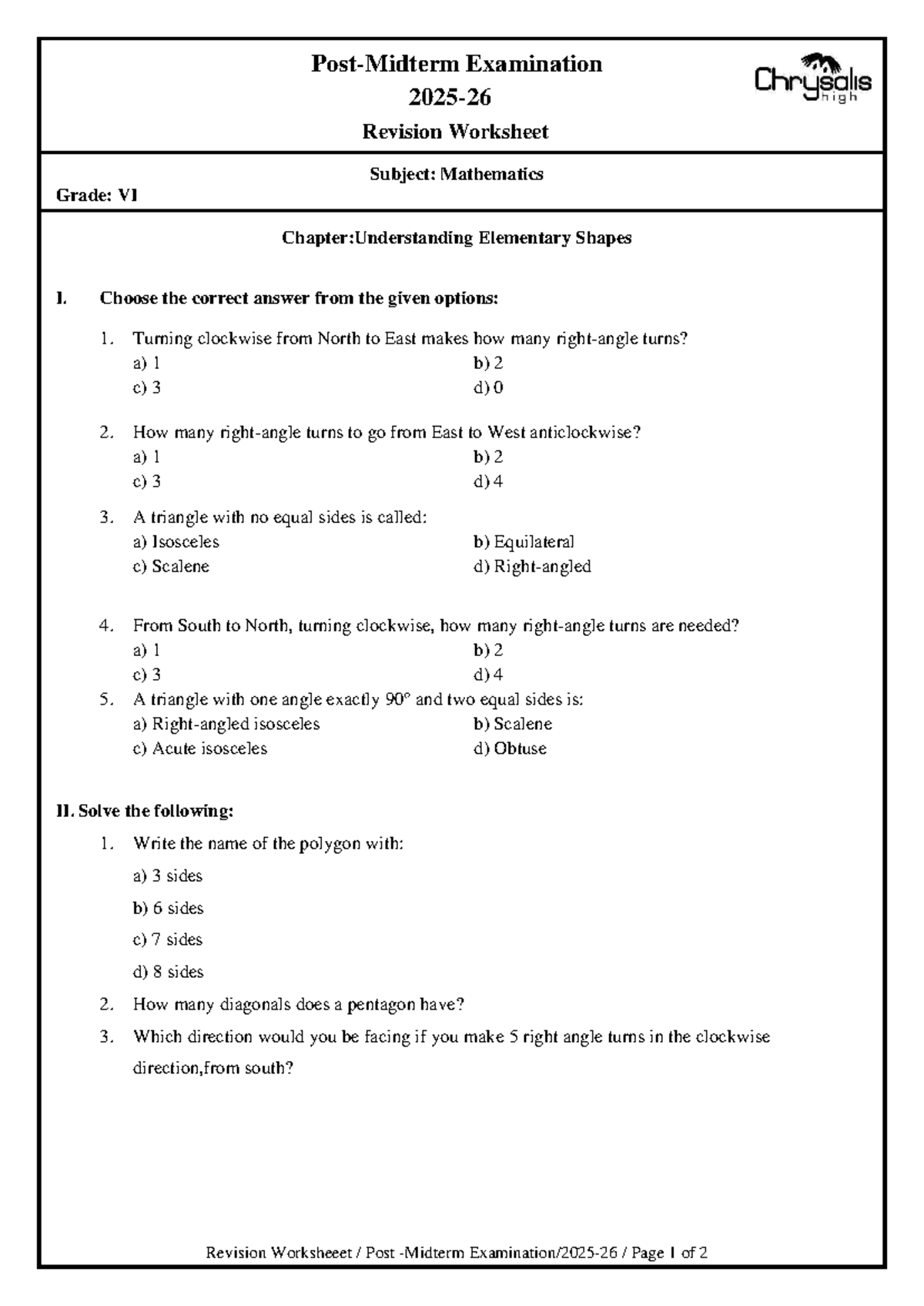 RWS 3 - Understanding Shapes - Maths - Grade VI - Post Midterm Exam ...