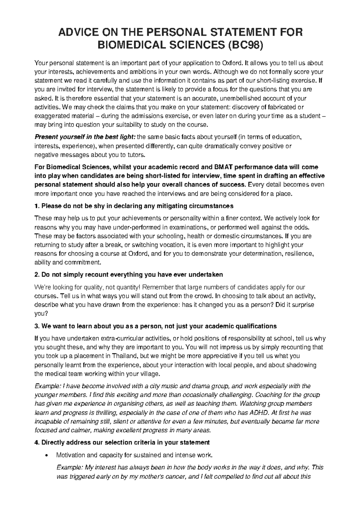 Guidelines for Personal Statement - Biomedical Sciences (BC98) - Studocu