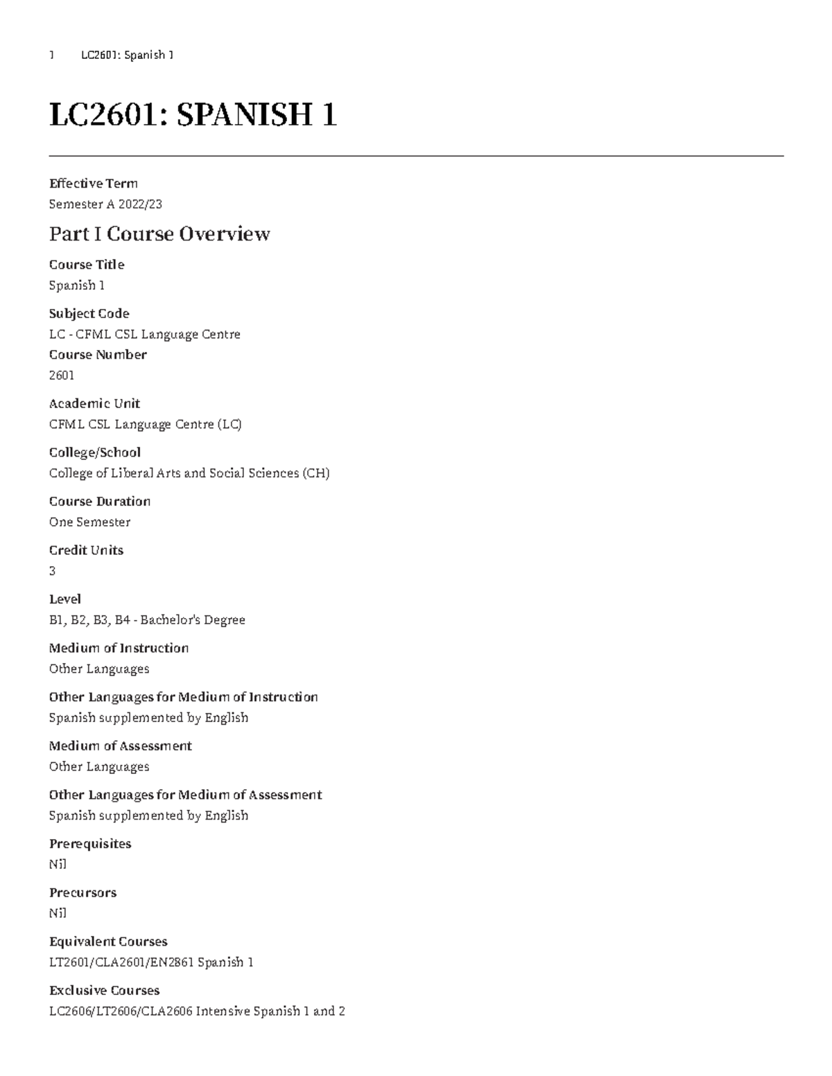 LC2601 - Spanish 1 Course Overview and Learning Objectives - Studocu