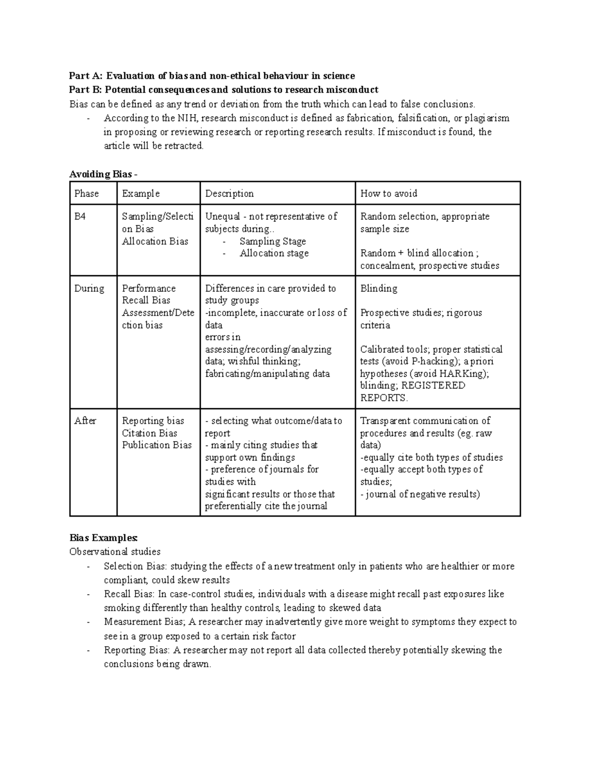 Lifesci-2A03 Tutorial 4 Notes: Bias & Research Misconduct for Quiz ...