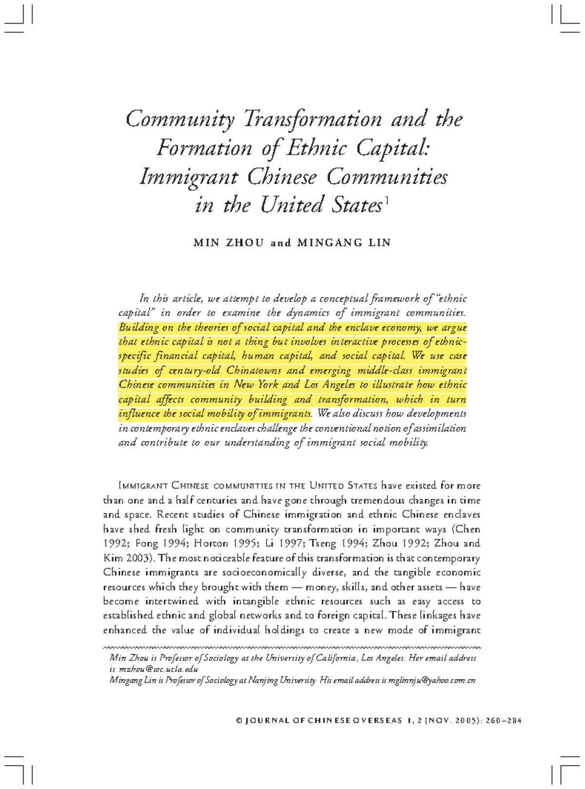 Community Transformation and Ethnic Capital in Immigrant Chinese ...