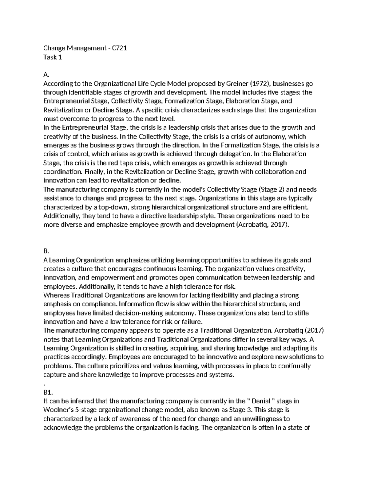 Change Management C721 Task 1 copy - Change Management - C Task 1 A ...