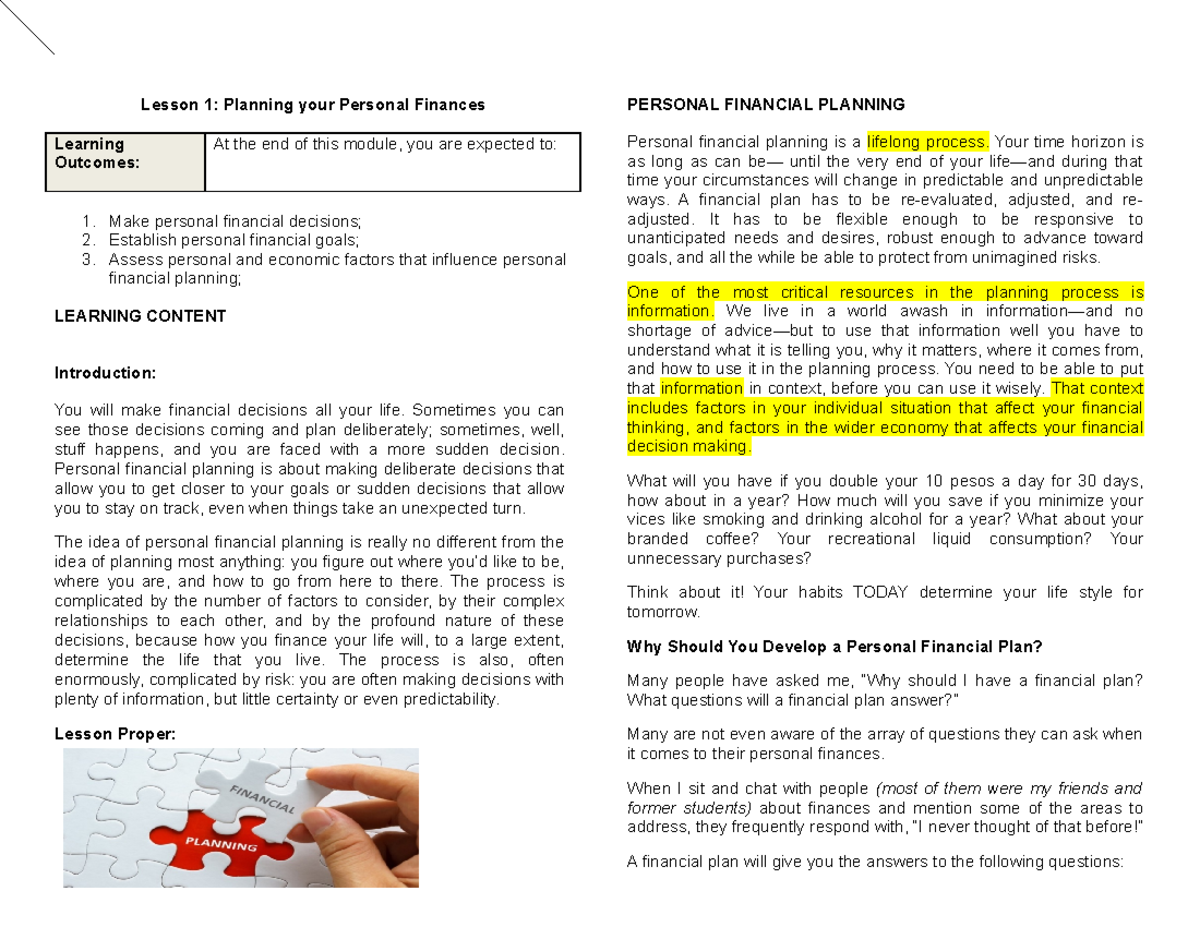 Personal Finance Prelims Reviewer: Key Lessons and Strategies - Studocu