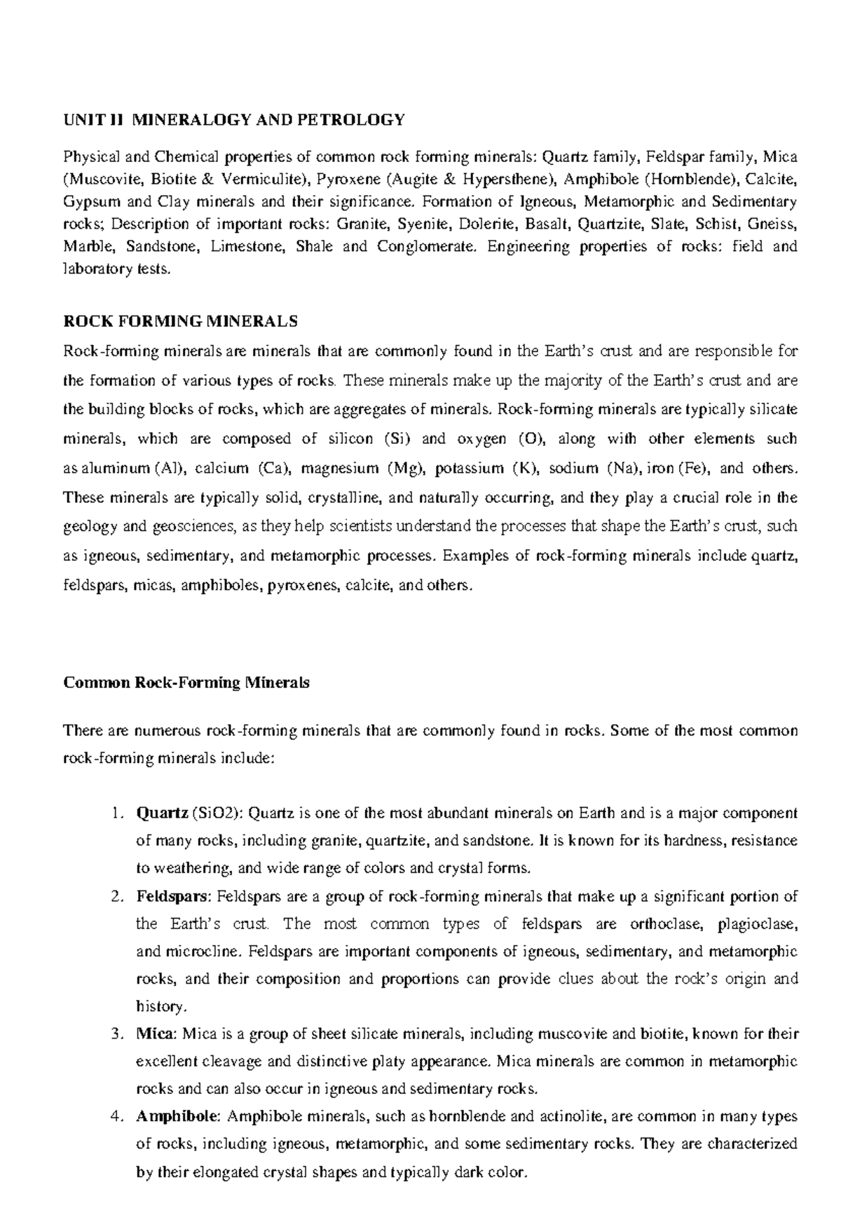 Unit II - Mineralogy and Petrology: Properties & Significance of Rock ...