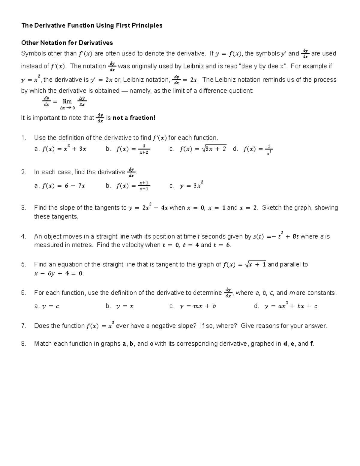 08B The Derivative Function Using First Principles worksheet - The ...