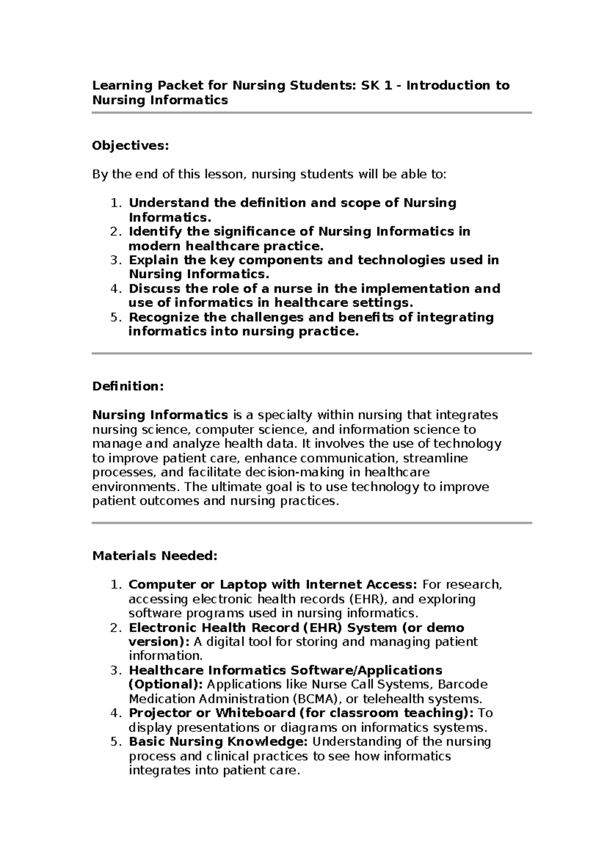 Nursing Informatics Overview: SK1 Introduction to EHR & Health Info ...