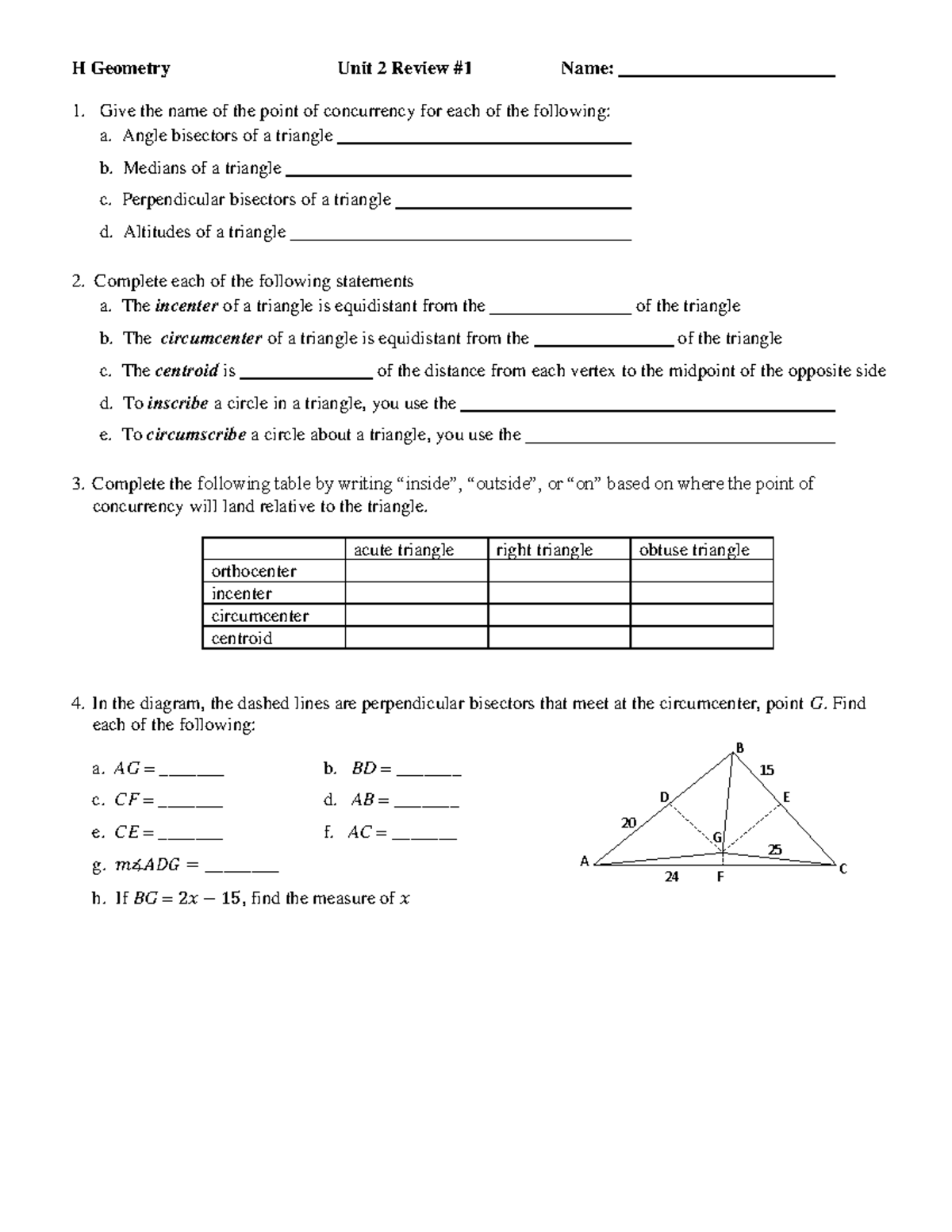 Geometry H Unit 2 Review: Points of Concurrency and Properties - Studocu