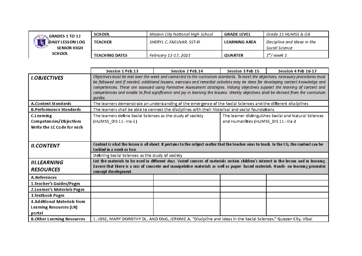 Diss Week 1 Daily Lesson Log - Discipline & Ideas in Social Science ...