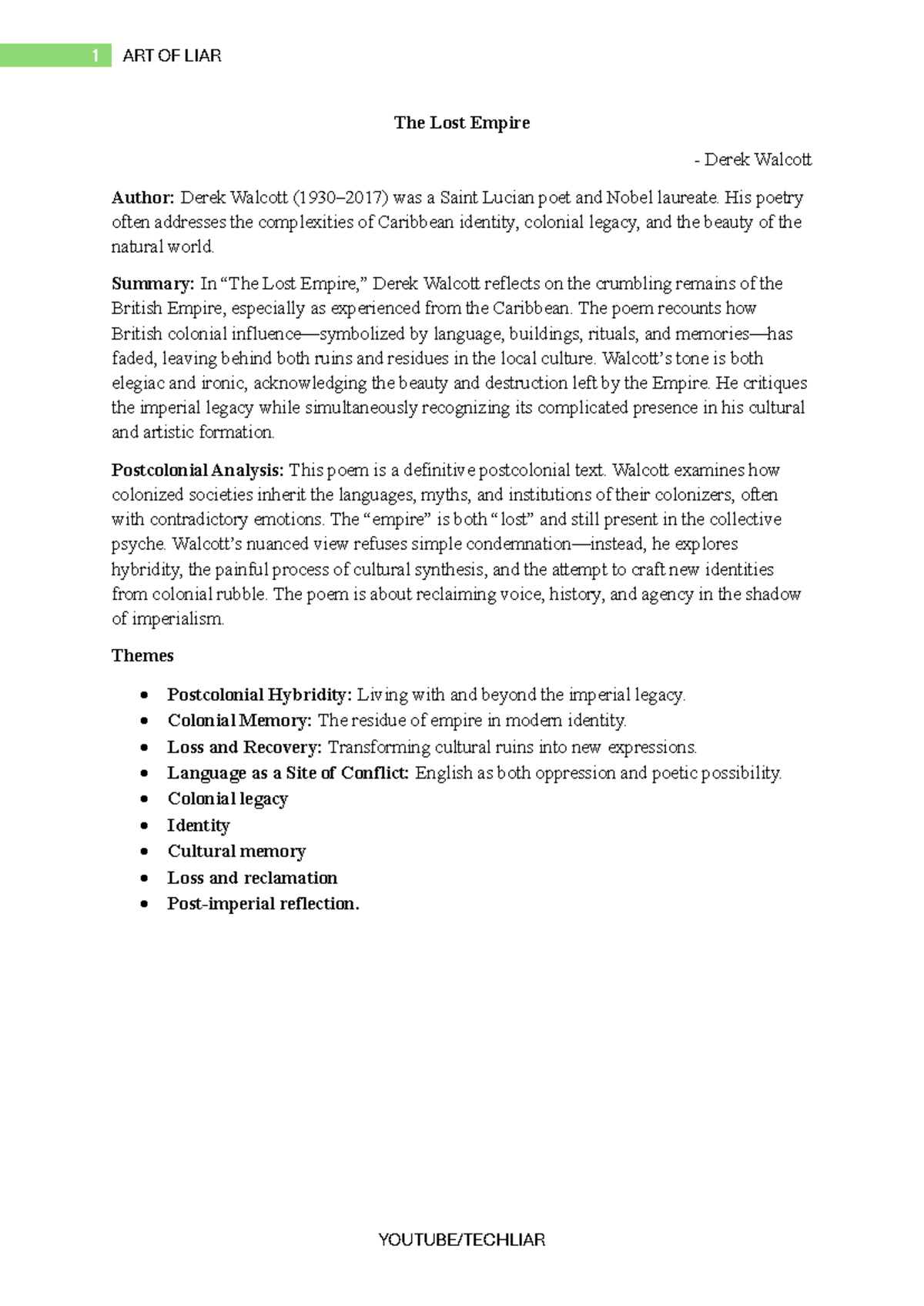 Teaching Manual: The Lost Empire - Derek Walcott's Poem Analysis - Studocu