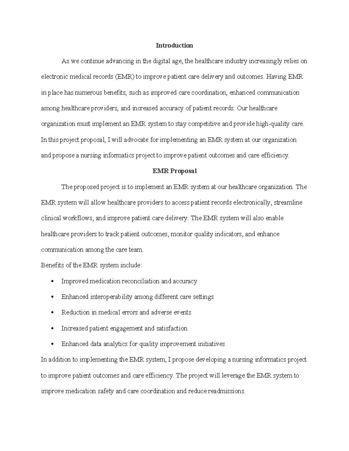 EMR Implementation Proposal for Nursing Informatics Project (6051 ...