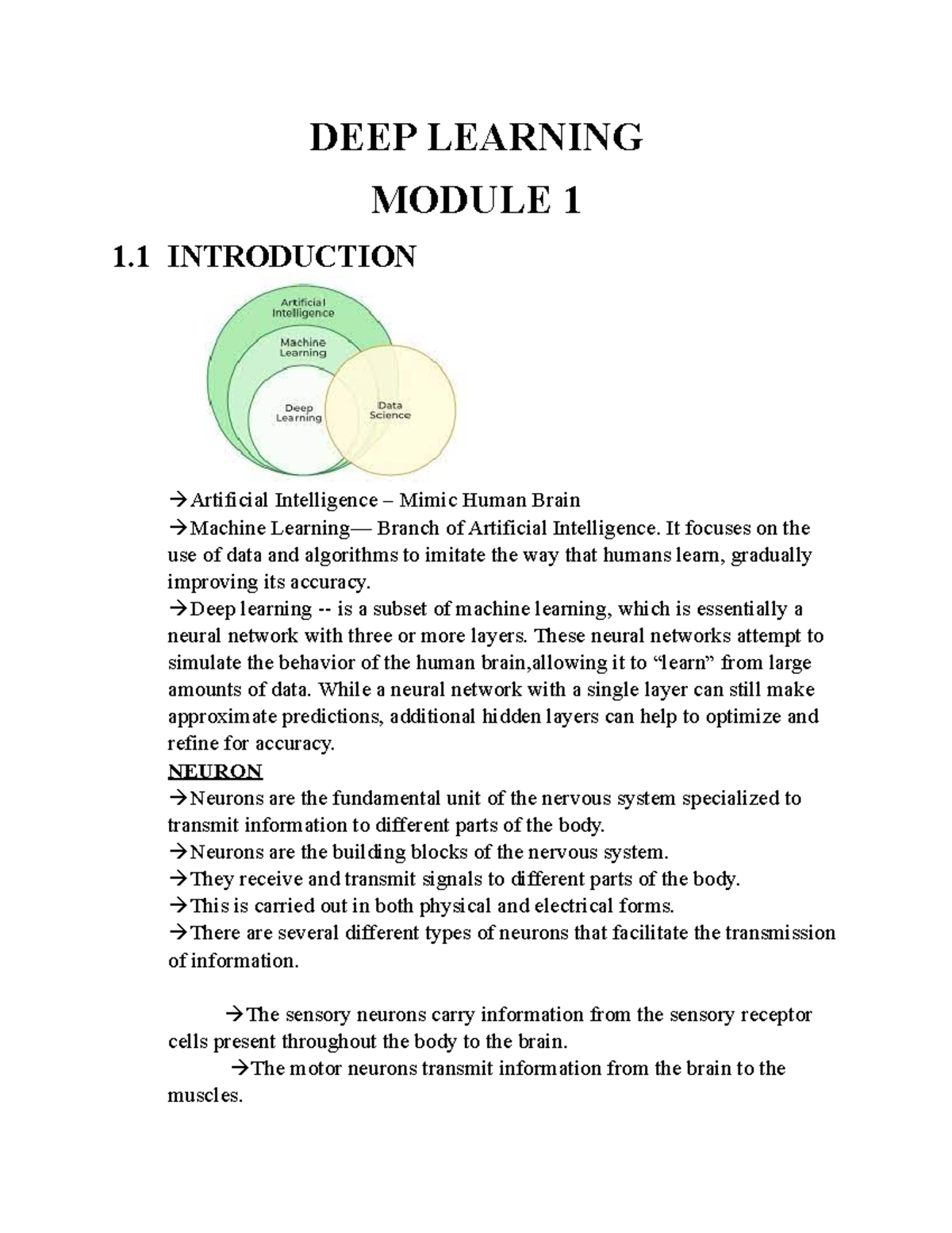 DL MOD1: Introduction to Deep Learning and Neural Networks - Studocu