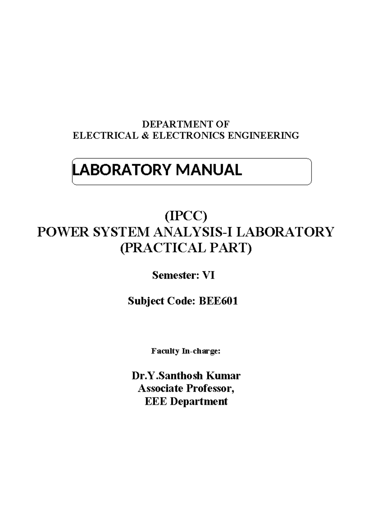 Power System Laboratory Manual (BEE601) - Practical Experiments Guide ...