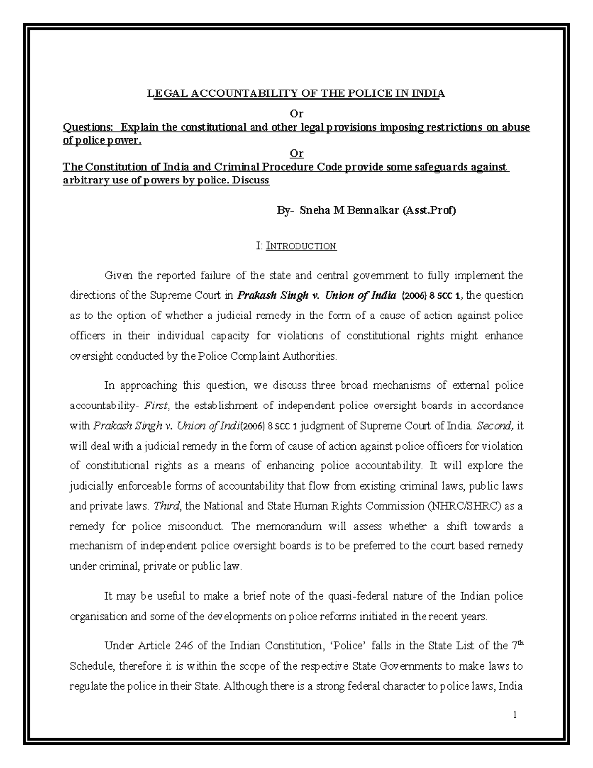 Police Accountability in India: Legal Framework & Reforms - CLPR - Studocu