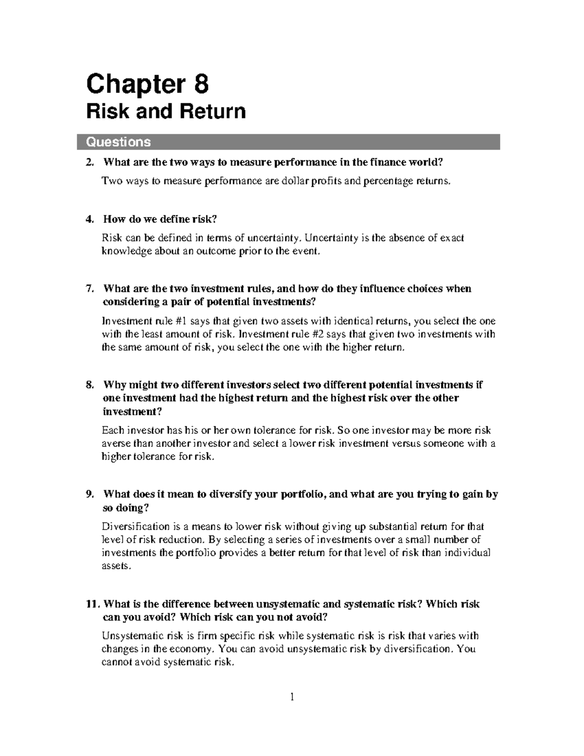 Chapter 08 question & Solutions - Chapter 8 Risk and Return Questions 2 ...