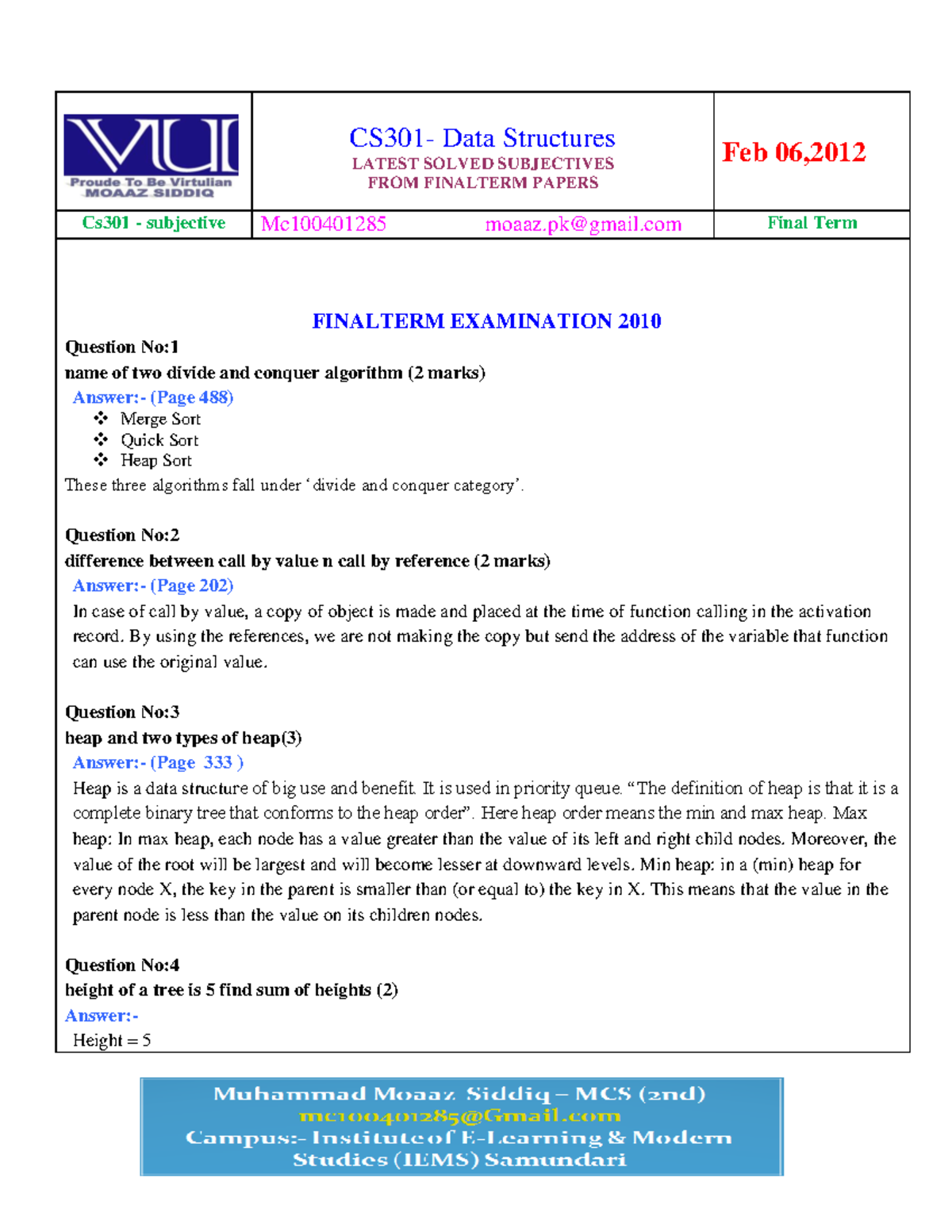 Cs301 final term subjectives solved with references by moaaz vustudy - CS301- Data Structures ...